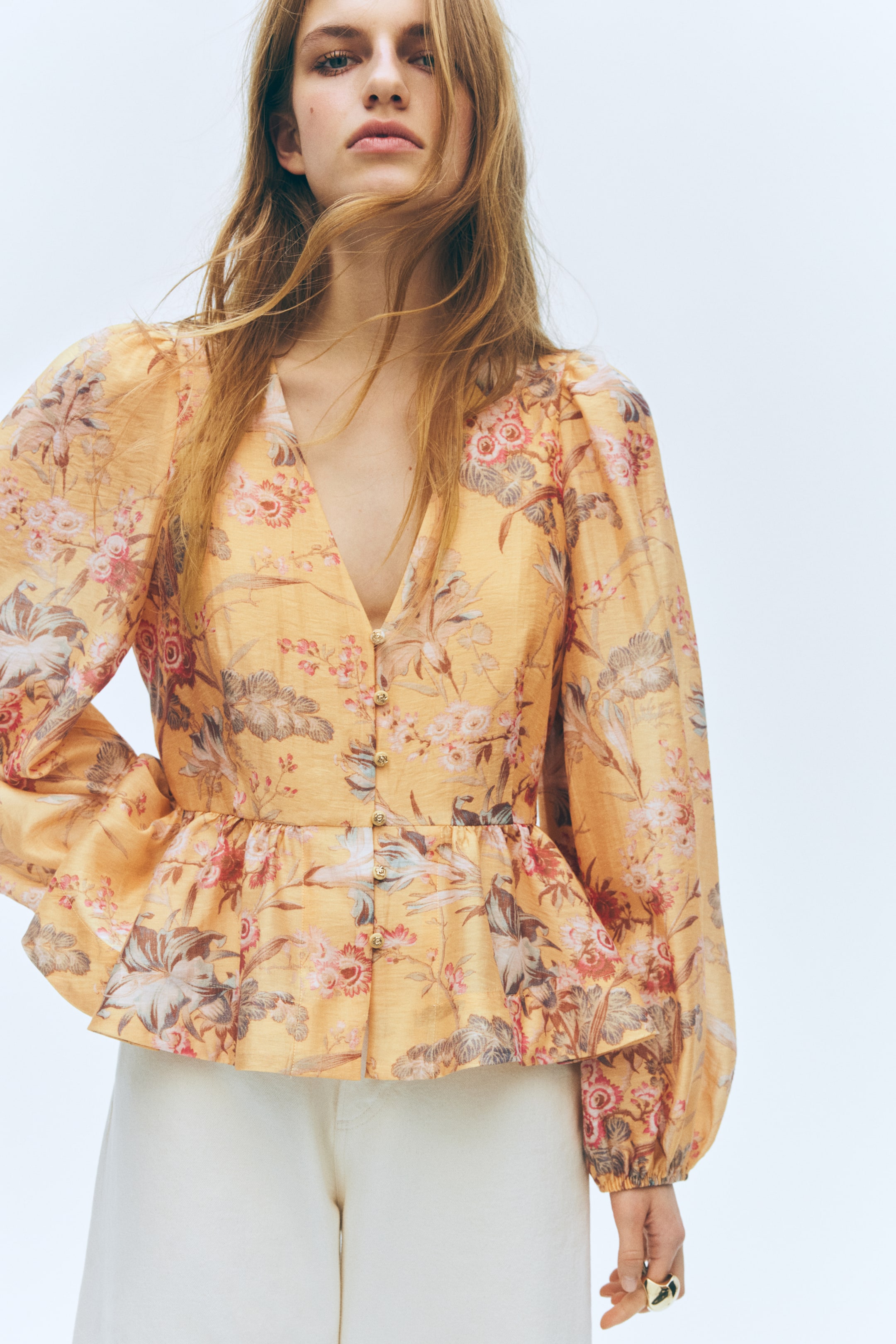 Linen-blend peplum blouse - Yellow/Floral - Ladies | H&M HK