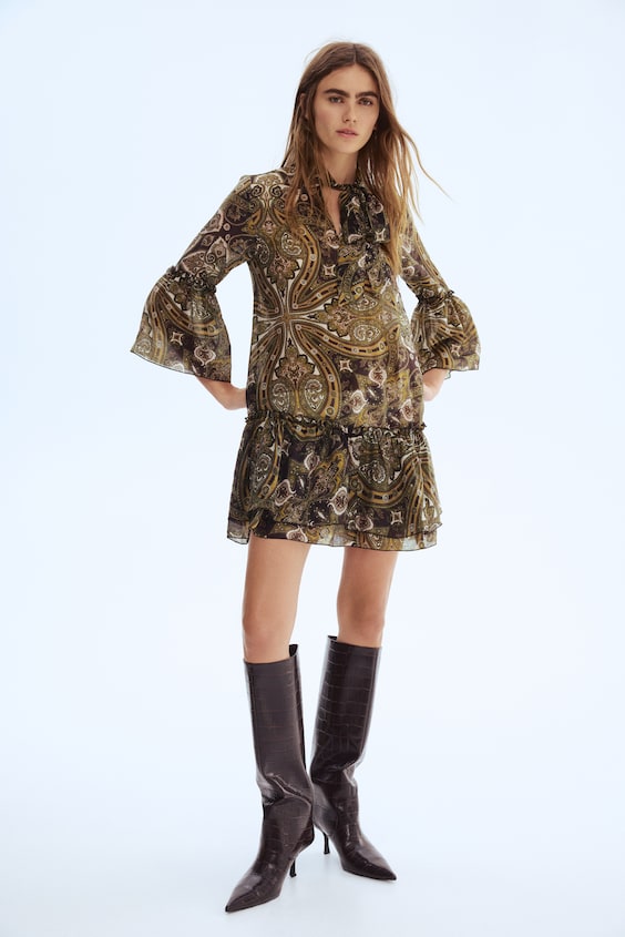 Women's Dark brown/patterned Bow-Collar Dress | H&M CA