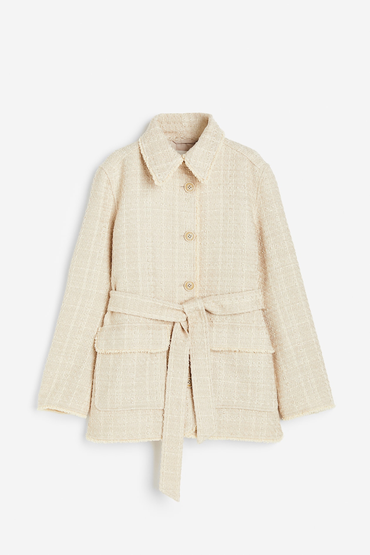 Bouclé-Shacket mit Bindegürtel - Langarm - Normale Länge - Hellbeige ...