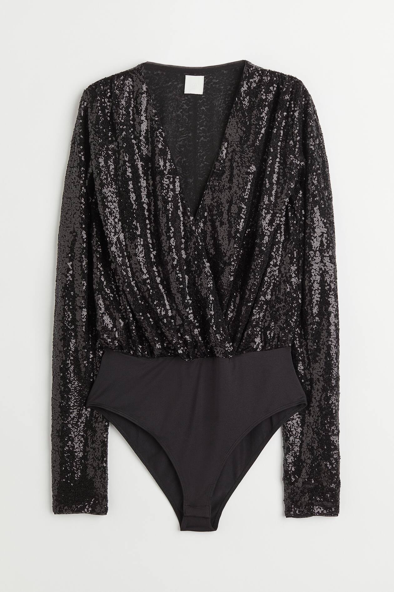 Draped sequined body - Deep neckline - Long sleeve - Black - Ladies | H ...