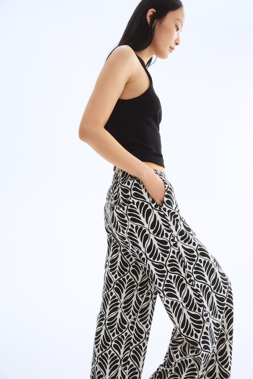Women's White/black patterned Wide-Leg Linen-Blend Pants | H&M CA