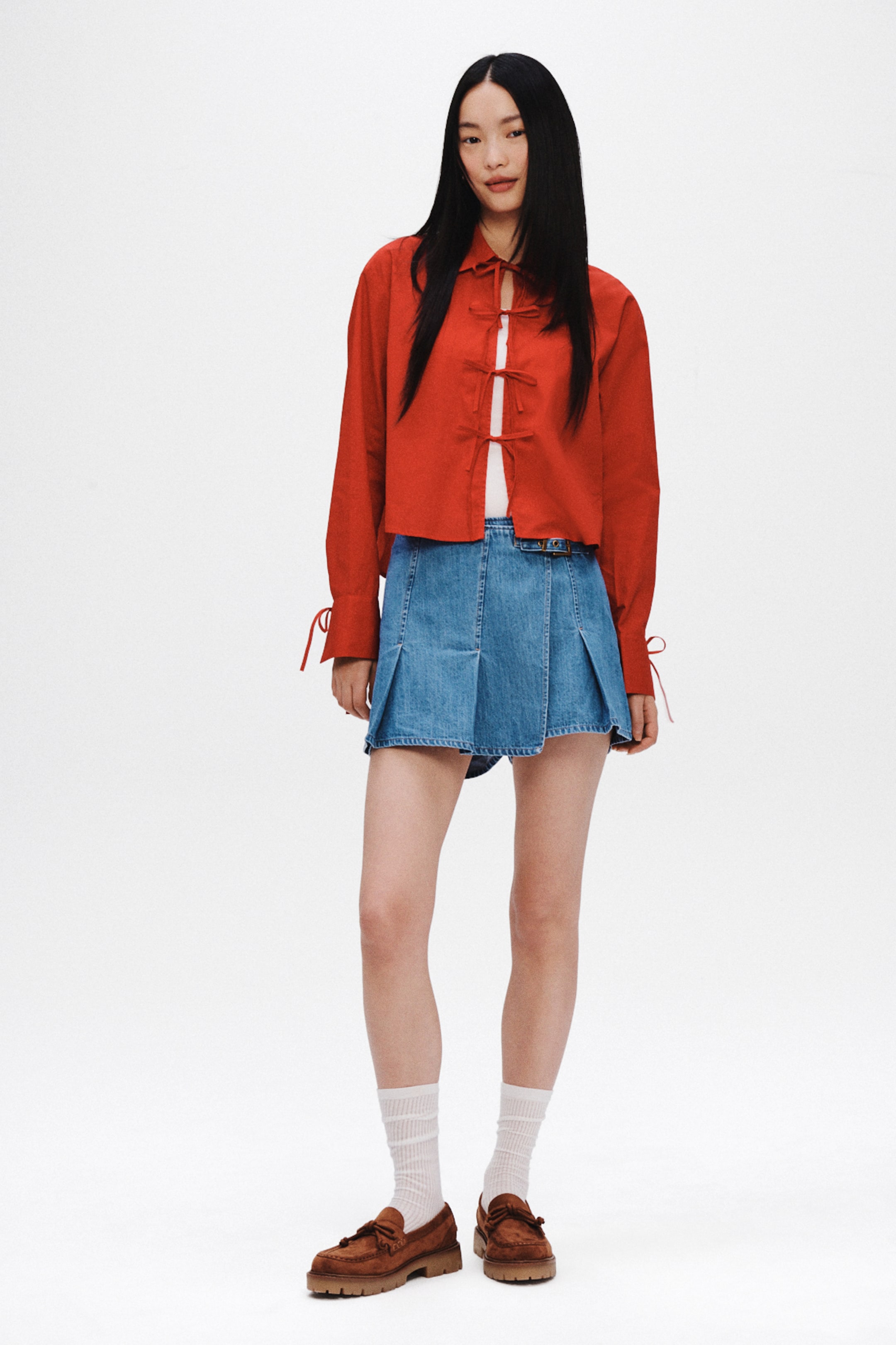 Tie-Front Poplin Shirt - Red - Ladies | H&M PH