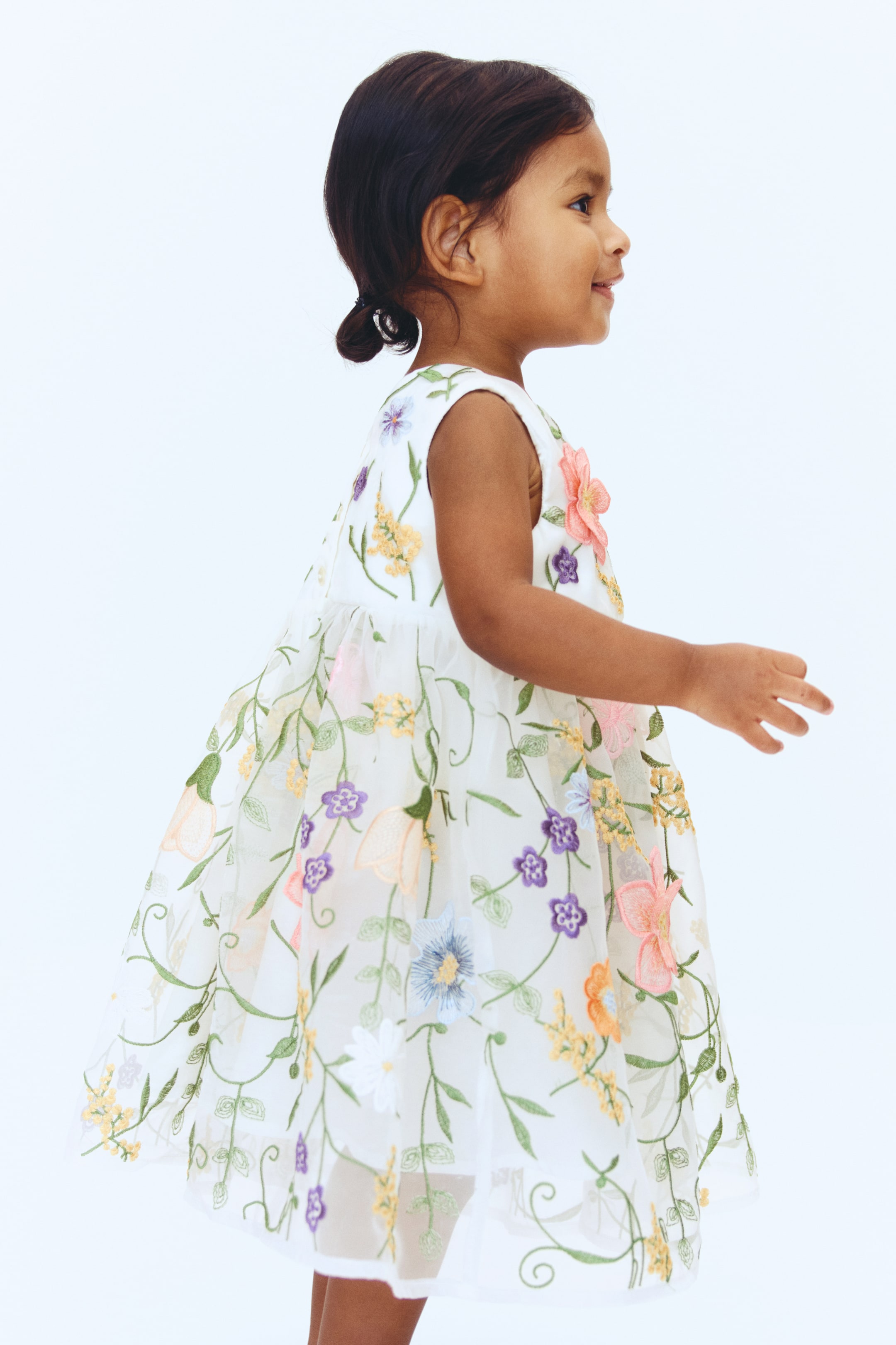 White/floral Embroidered Organza Dress for kids | H&M US