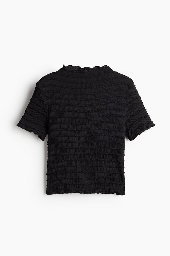Women's Black Smocked Top with Overlocked Trim | H&M US