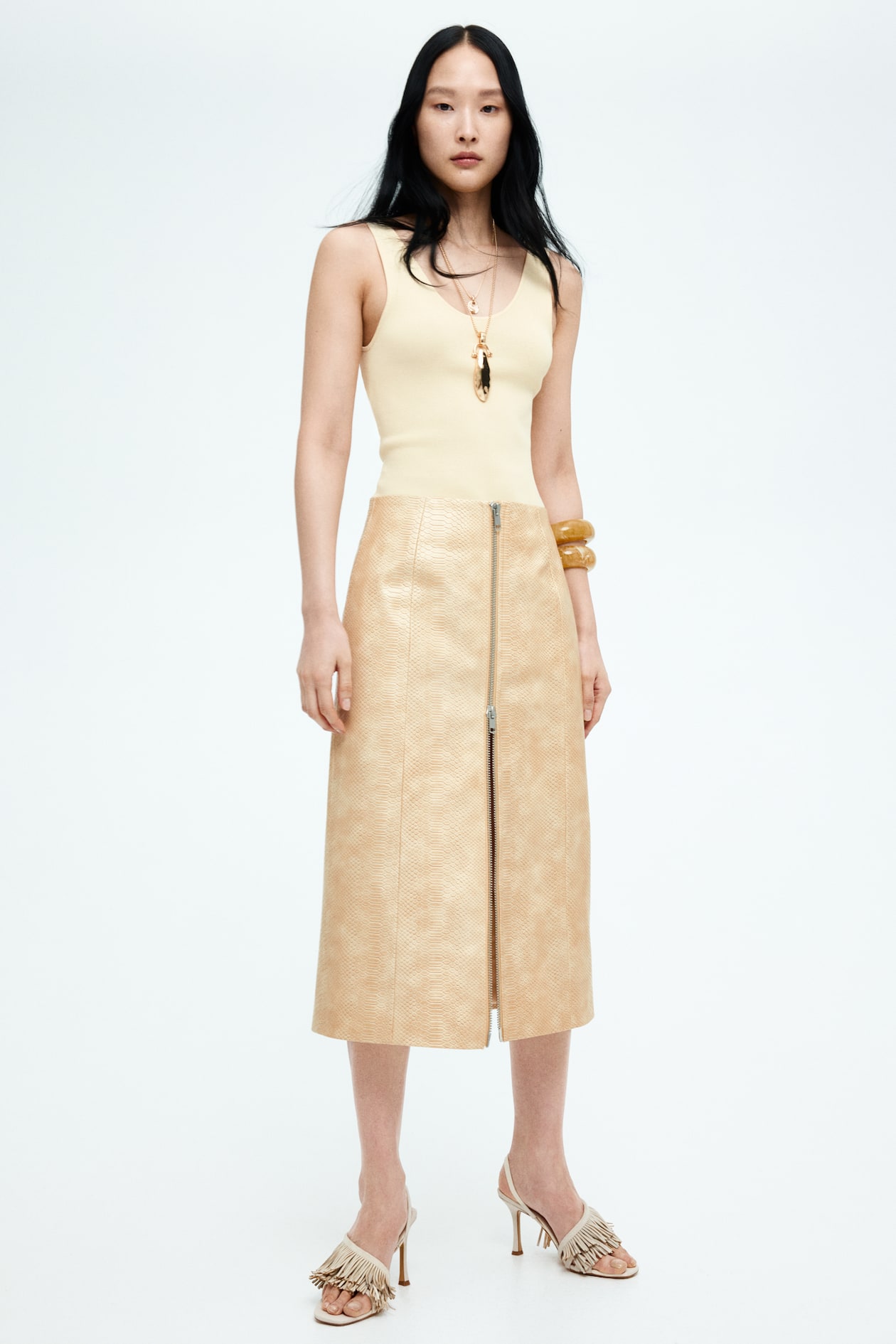 Coated zip-front skirt - Beige/Snakeskin-patterned - Ladies | H&M GB