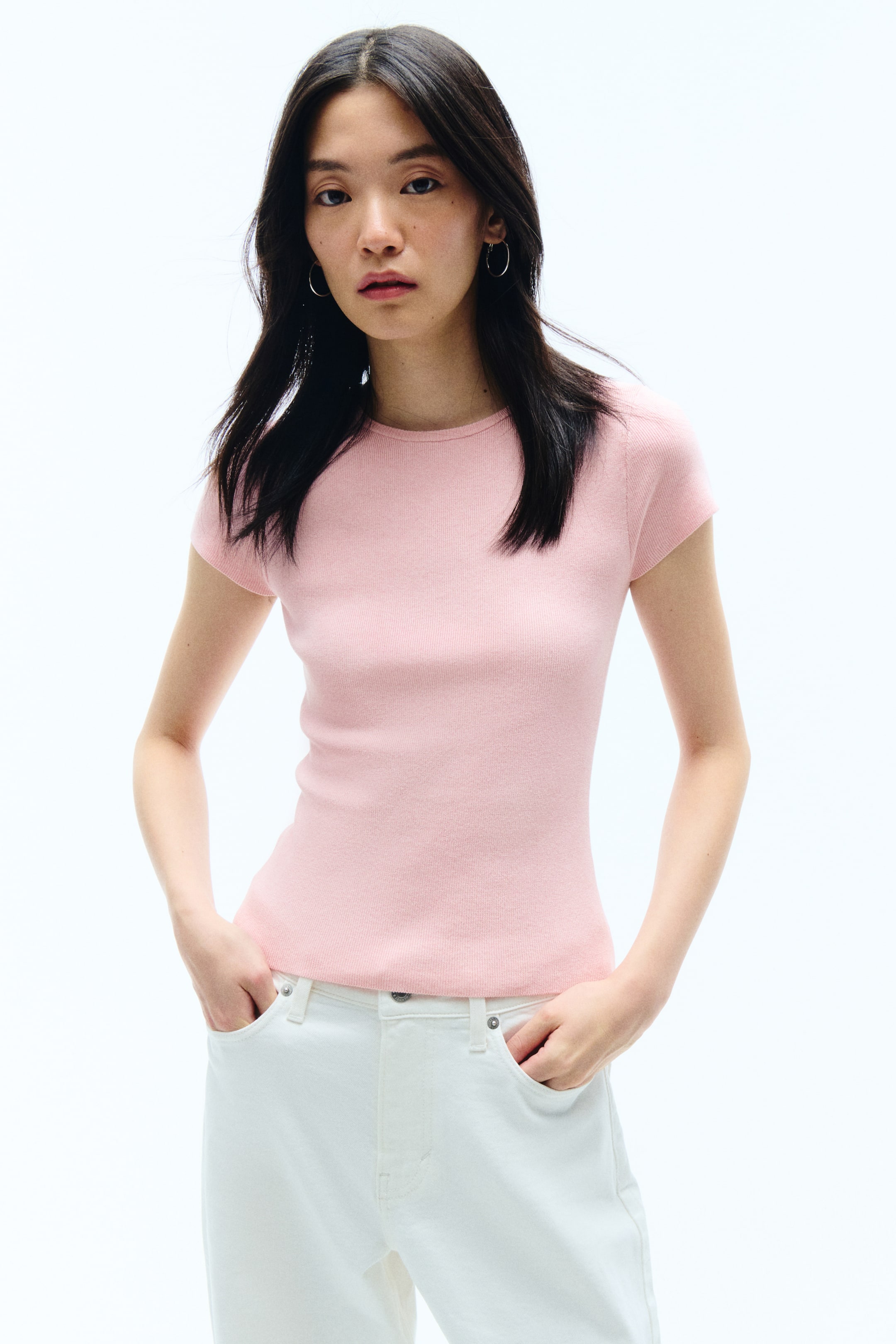 Fine-knit T-shirt - Light pink - Ladies | H&M HK