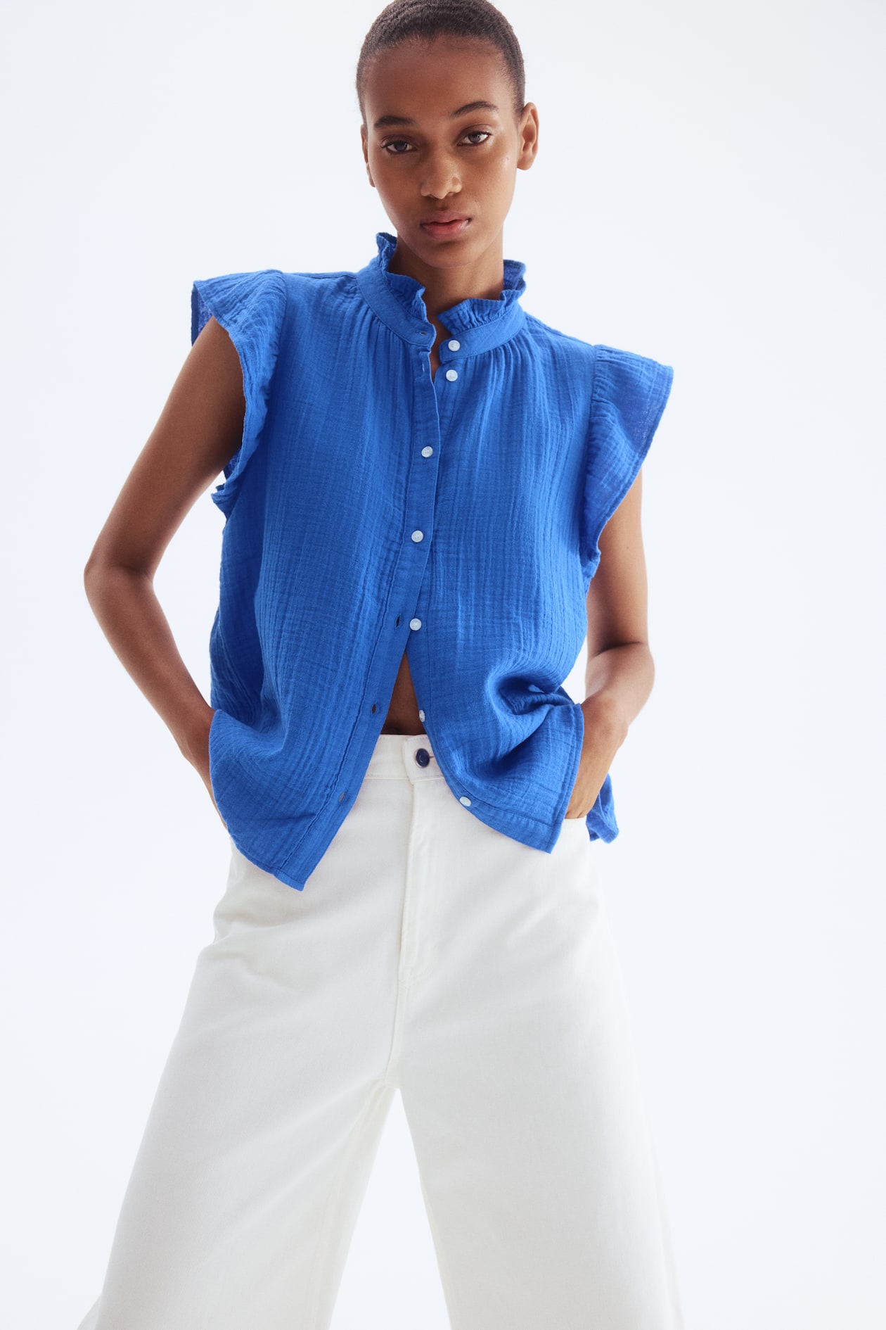 Flutter Sleeve Muslin Blouse - Blue - Ladies | H&M AU