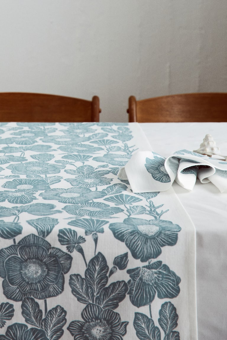Long cotton-blend table runner - Turquoise/Floral - Home All | H&M GB