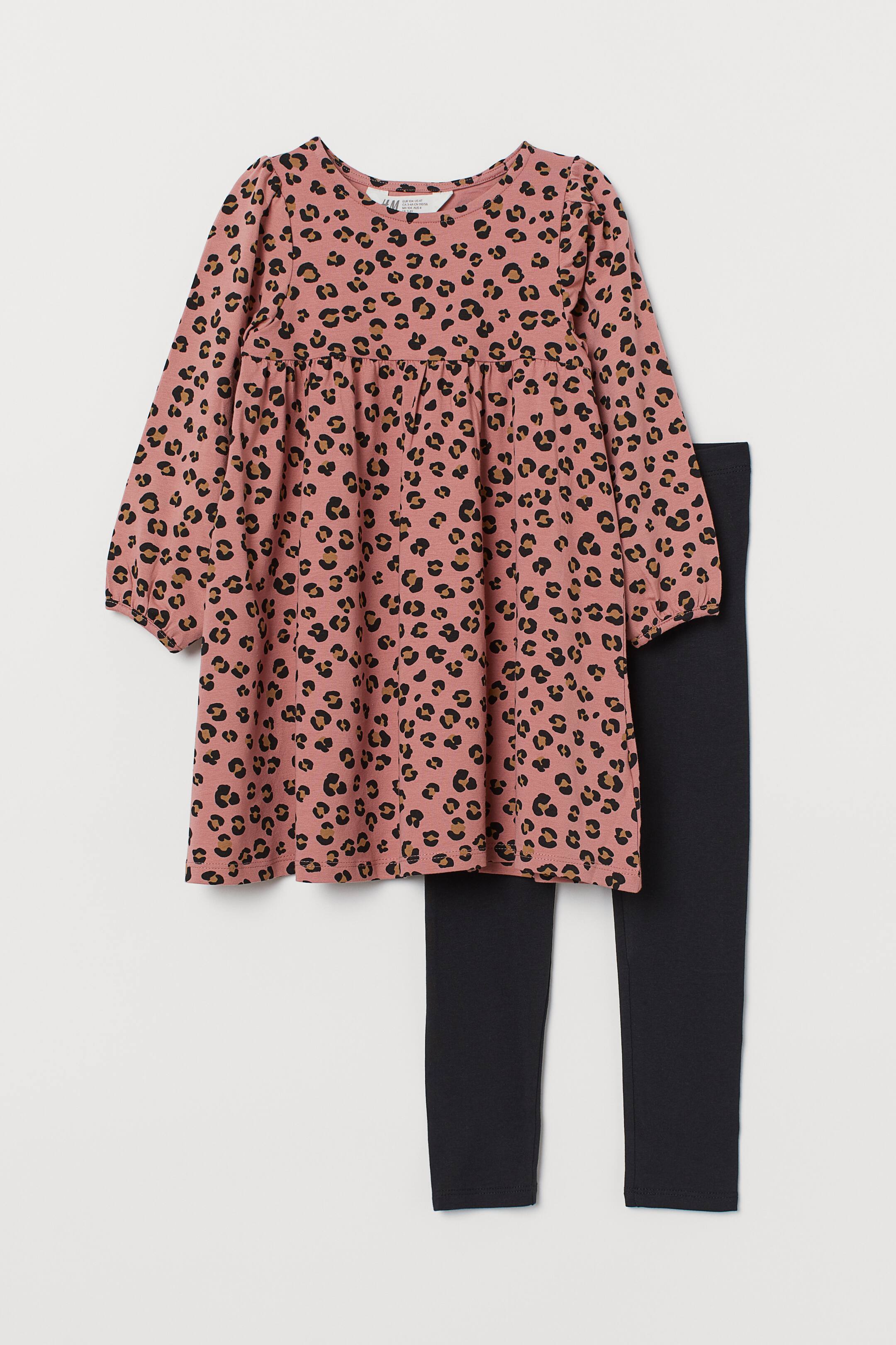 2-piece Cotton Set - Round Neck - Long sleeve - Dusty rose/leopard ...