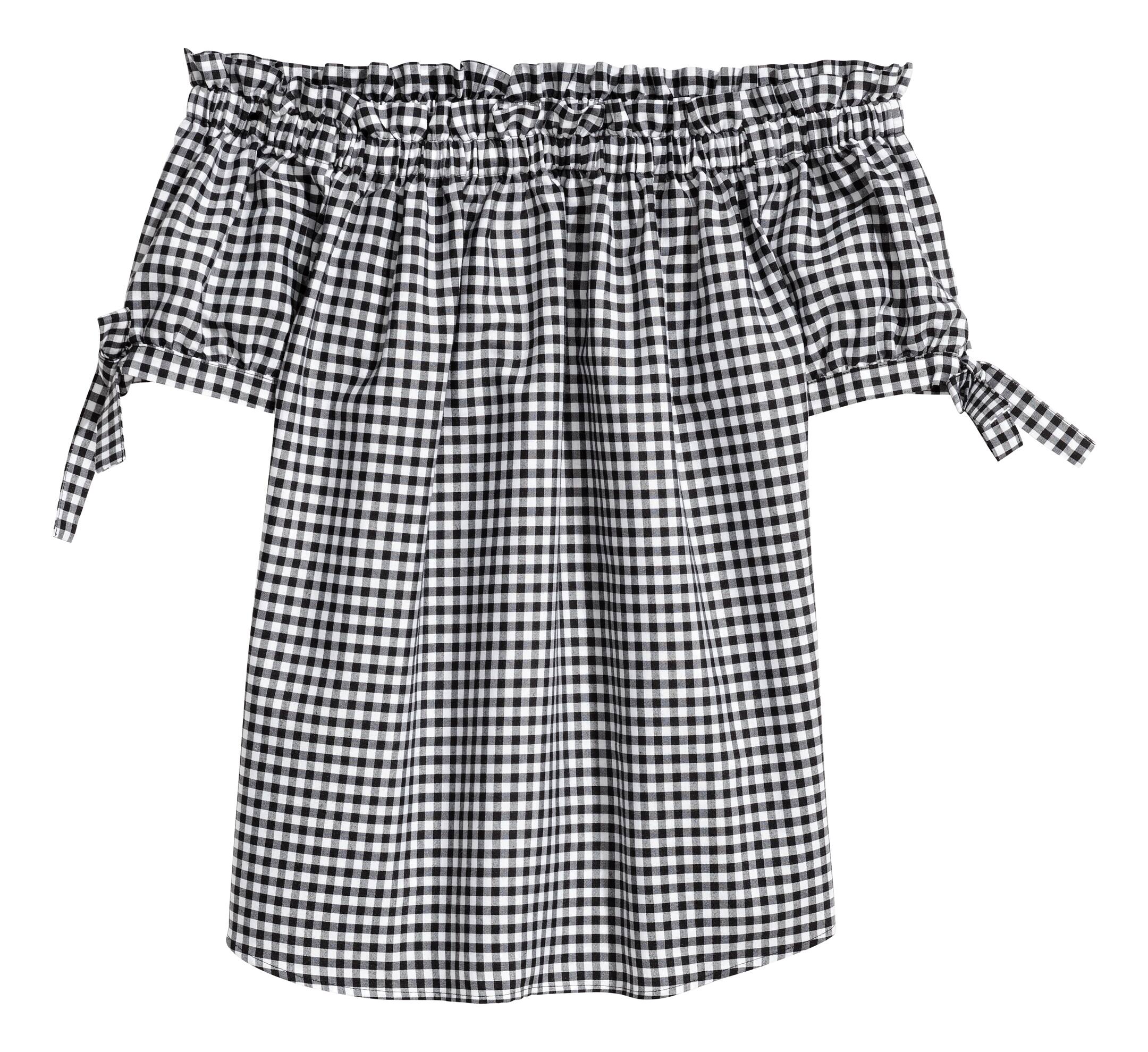 Off-shoulder topp - Kort erme - Sort/Rutet - DAME | H&M NO