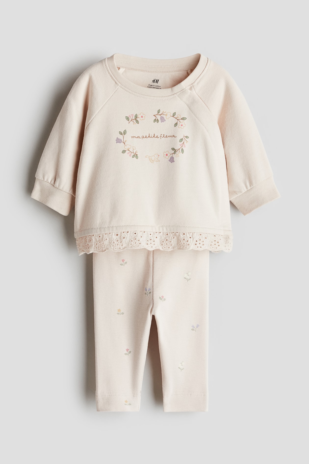 Комплект от памук от две части - Светлобежов/Цветя - ДЕЦА | H&M BG