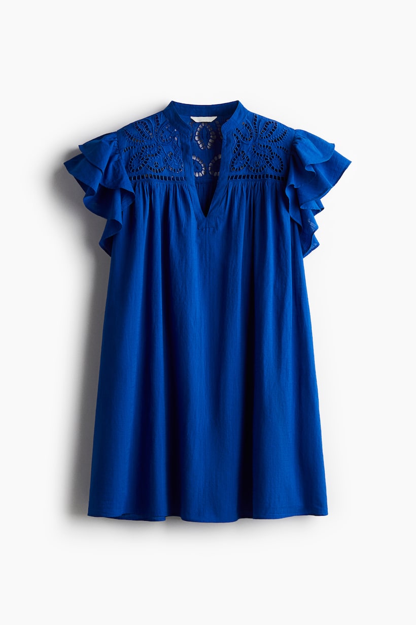 Women's Bright blue Flutter-Sleeve Dress with Eyelet Embroidery | H&M CA