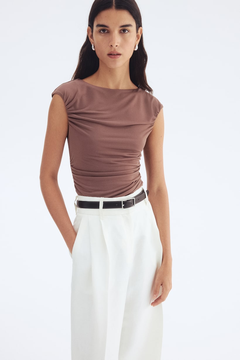 Top drapeado con mangas japonesas - Gris pardo oscuro - Ladies | H&M MX