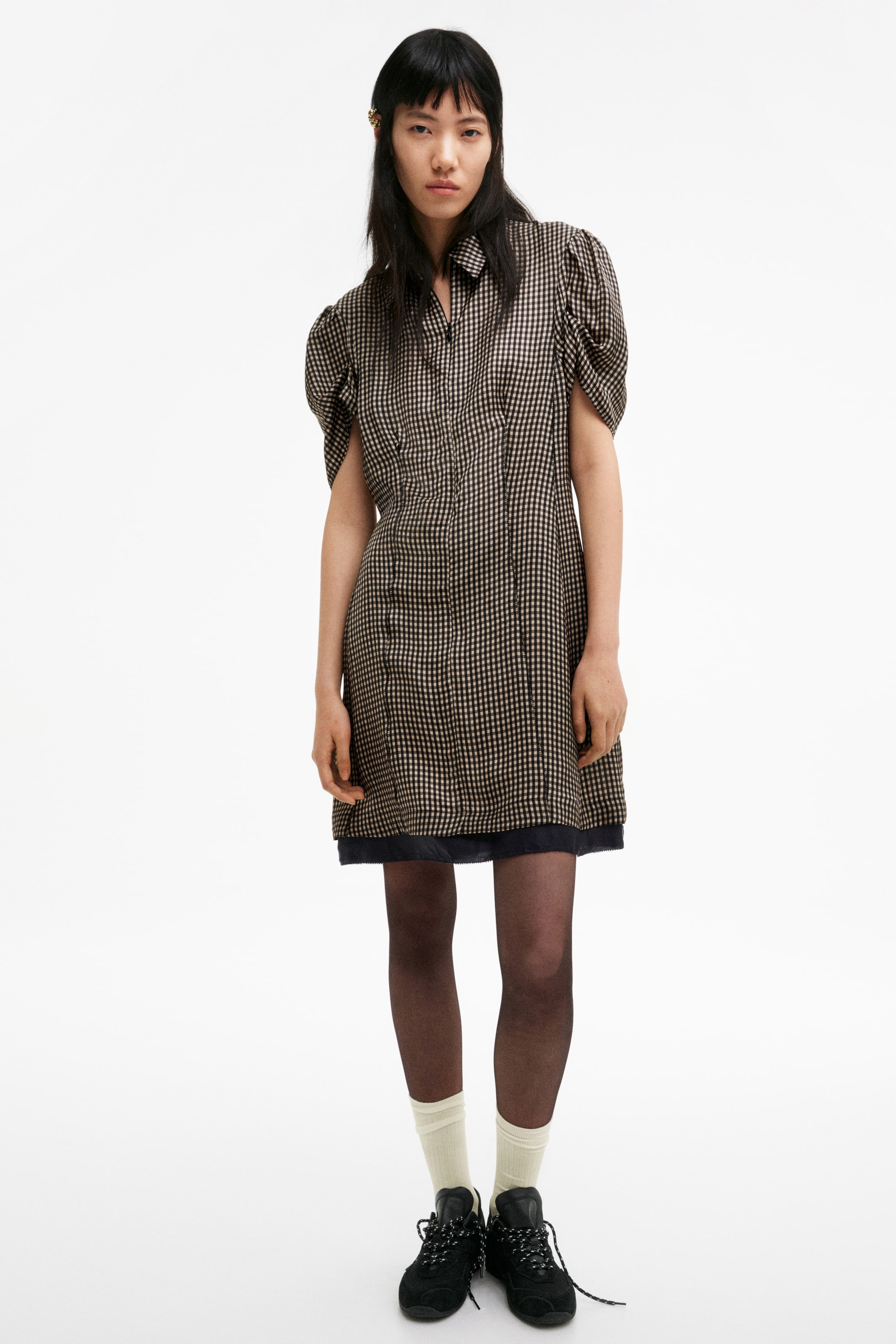 Women's Black/gingham Puff-Sleeved Dress | H&M CA