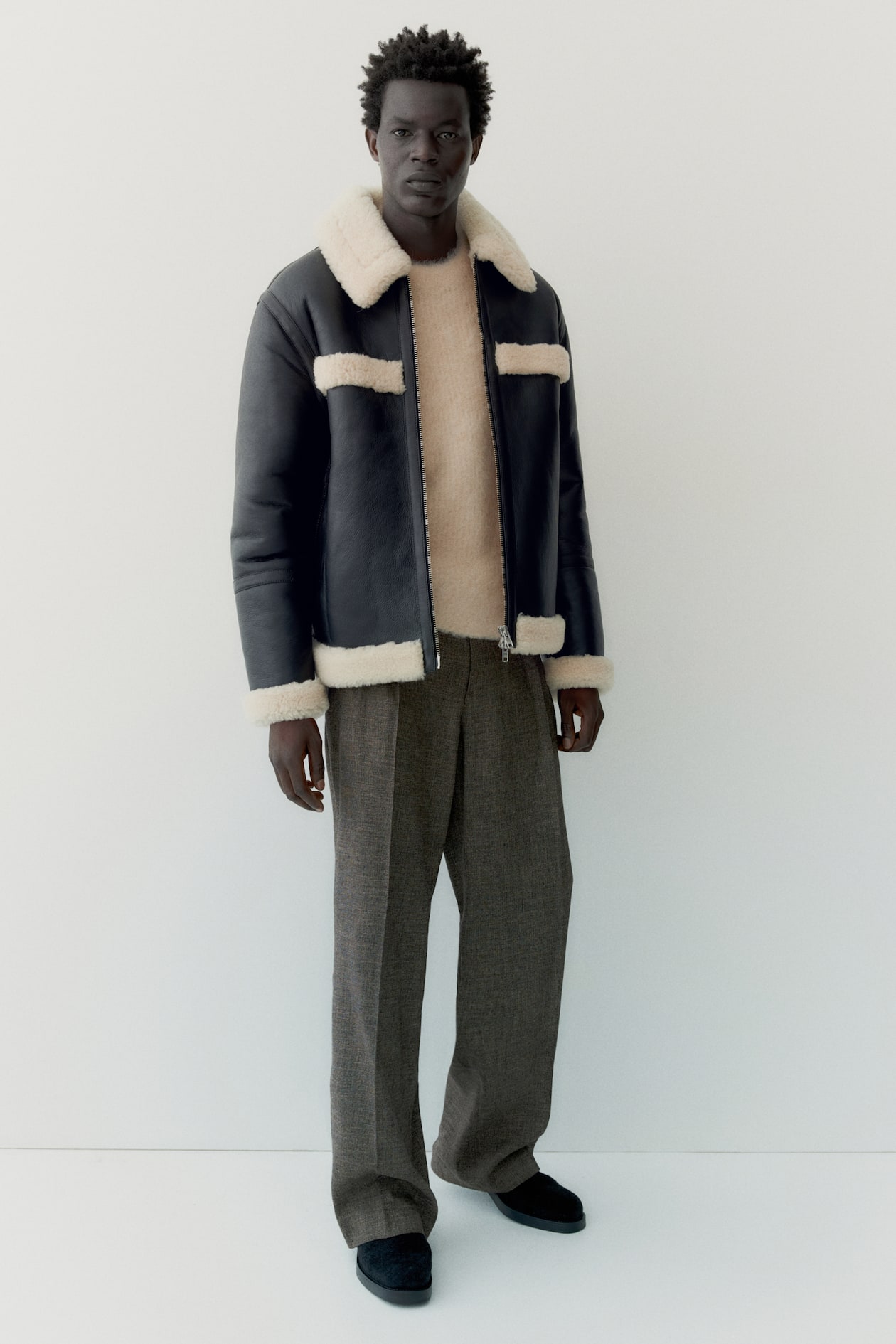 Leather aviator jacket - Black/Light beige - Men | H&M GB