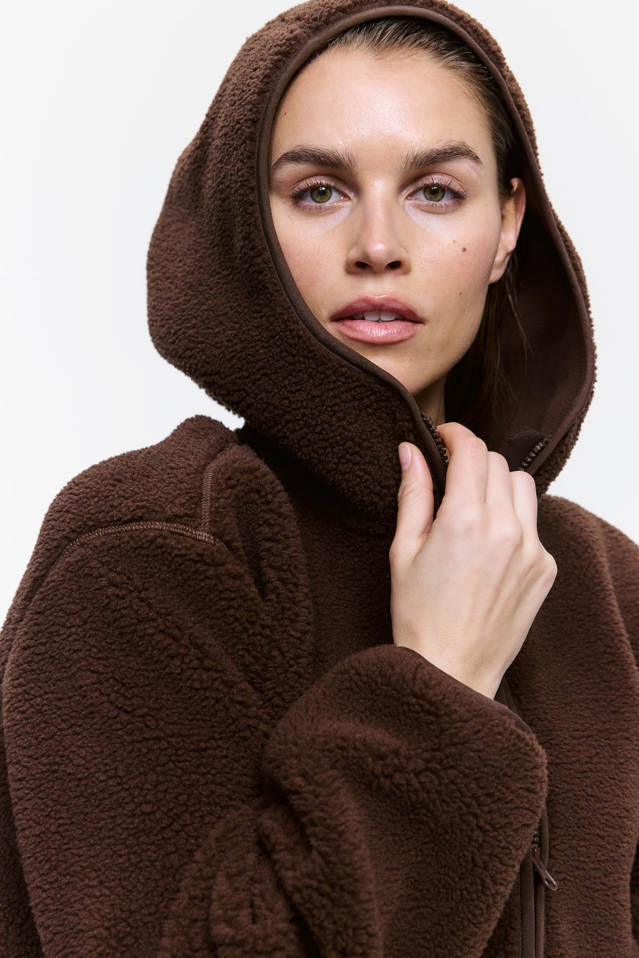 Women's Warm brown Loose-Fit Hooded Teddy Fleece Activewear Jacket | H&M CA