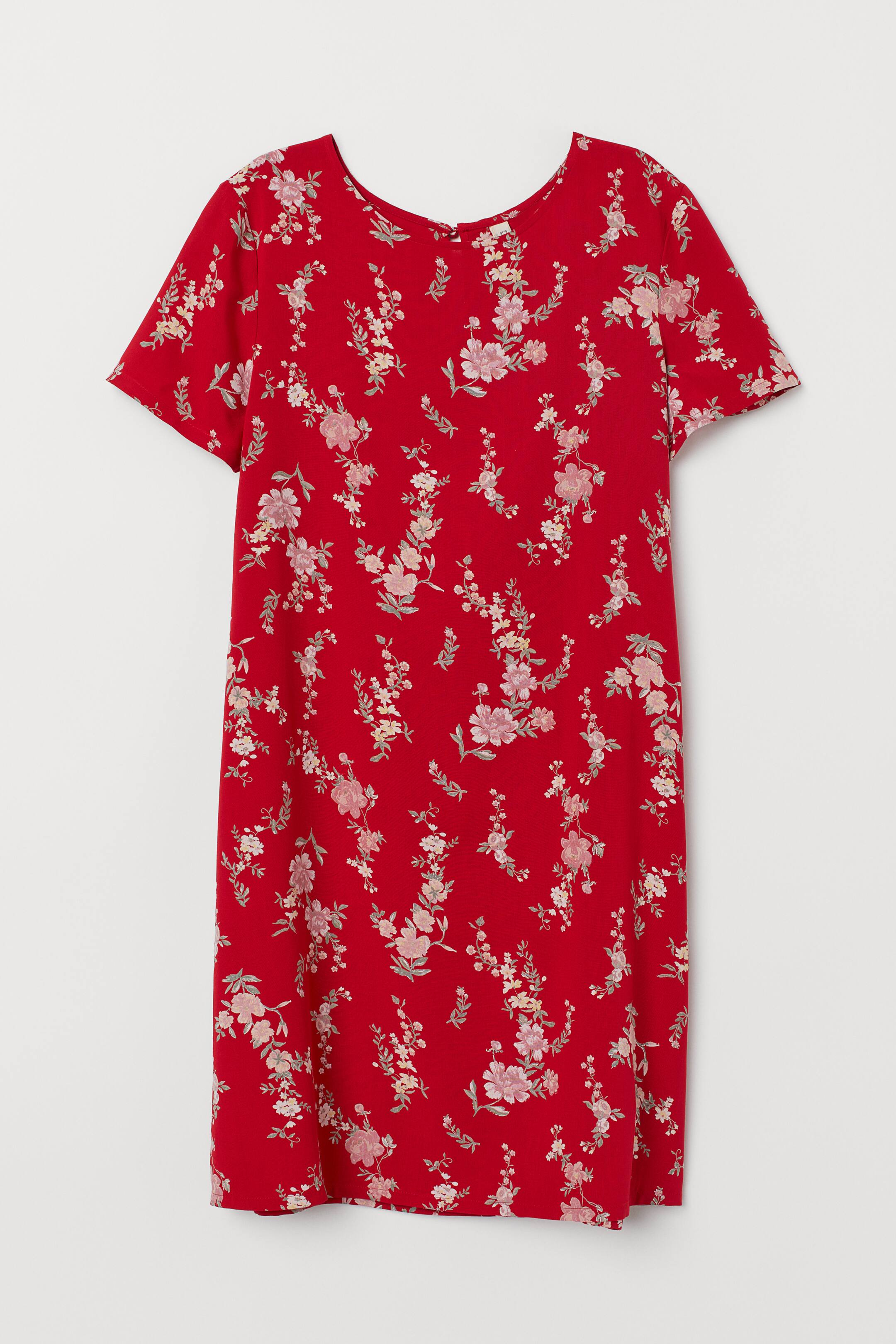 Kurzes Kleid - Rundausschnitt - Kurzarm - Rot/Geblümt - Ladies | H&M DE