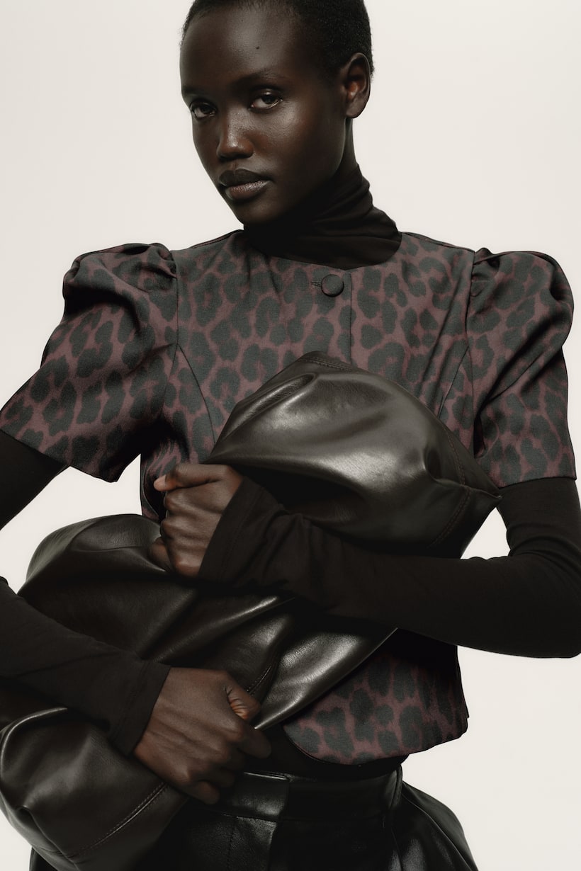 Women's Dark brown/leopard print Puff-Sleeved Blouse | H&M CA