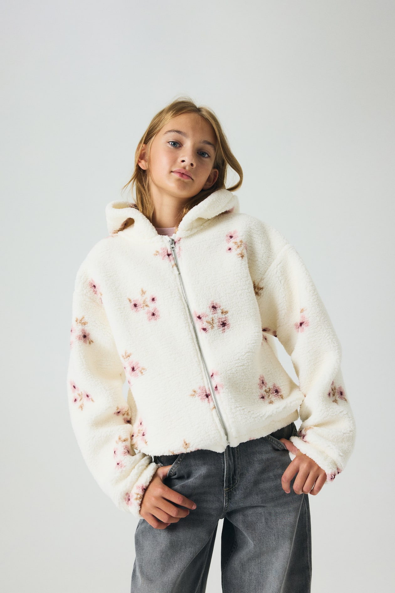 White/Floral Teddy zip-through hoodie for kids | H&M GB