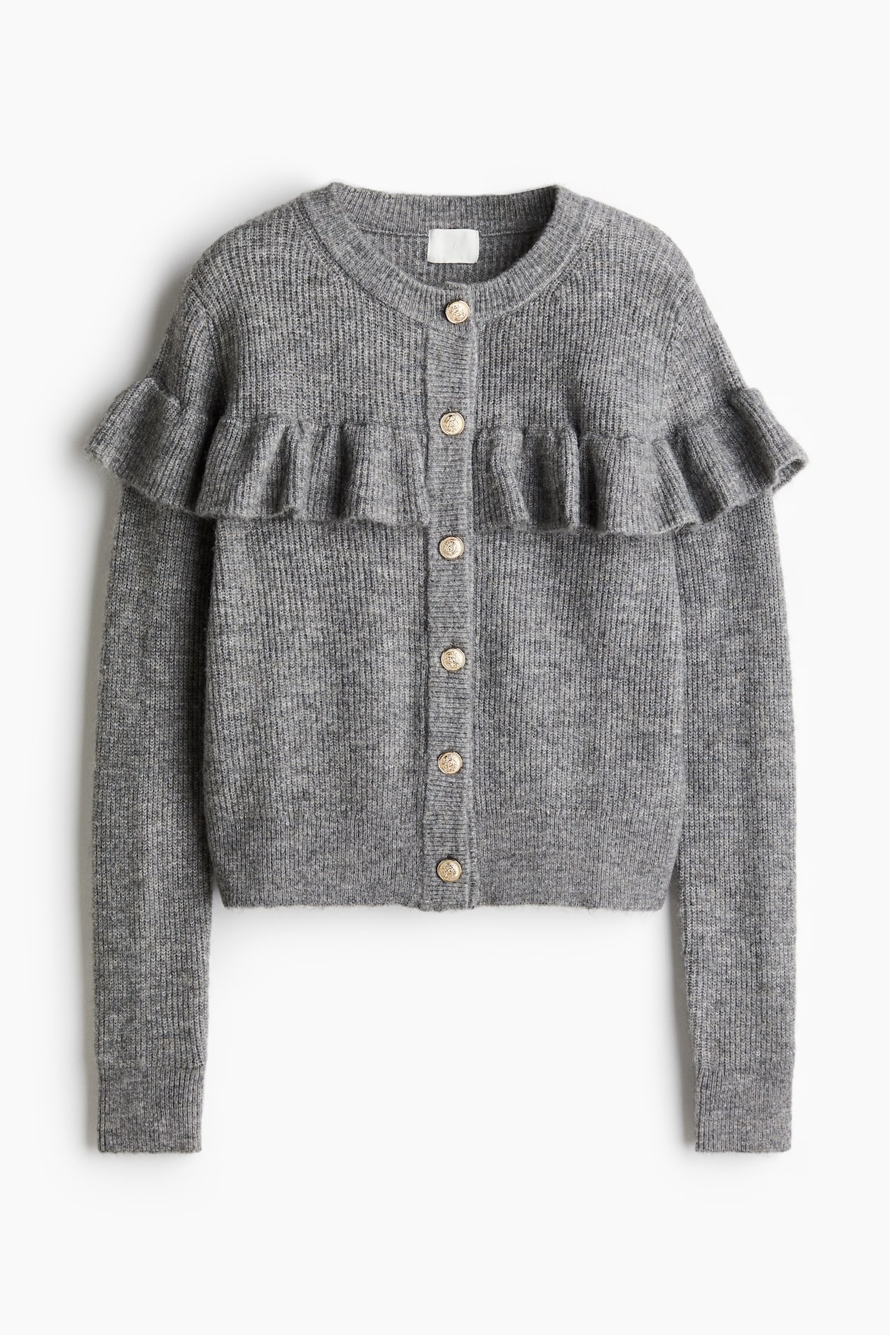 - Ruffle-Trimmed Rib-Knit Cardigan - Gray melange - Ladies | H&M US