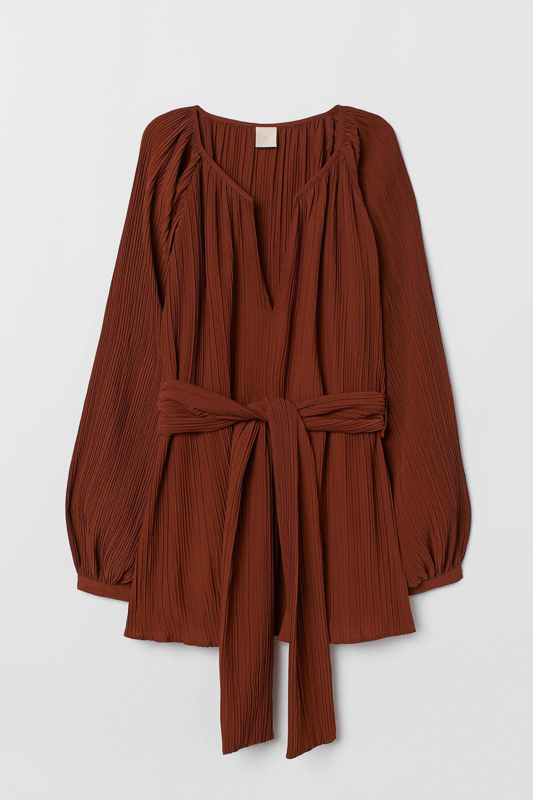Plissierte Bluse mit Gürtel - V-Ausschnitt - Langarm - Braun - Ladies ...