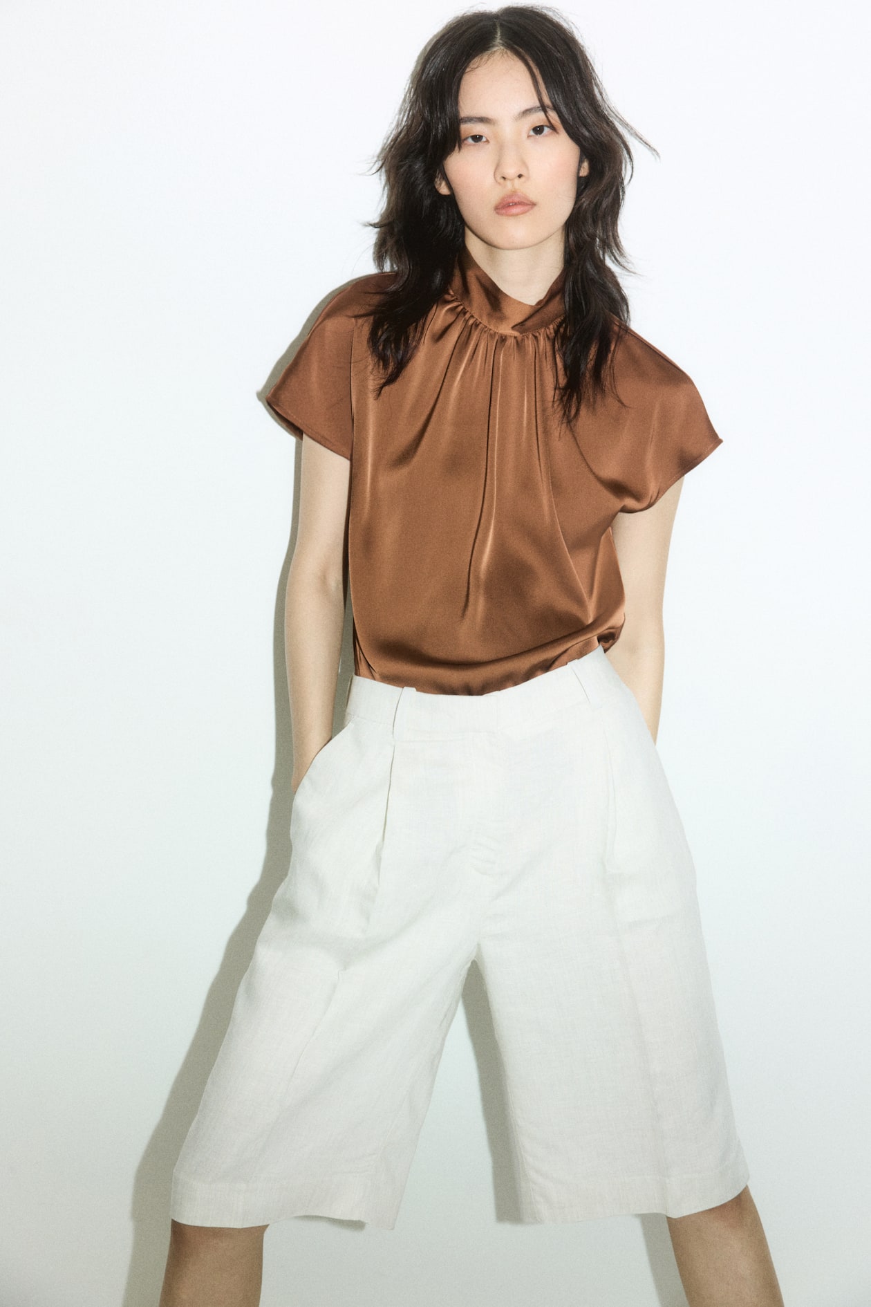 Women's Brown Stand-Up Collar Satin Blouse | H&M US