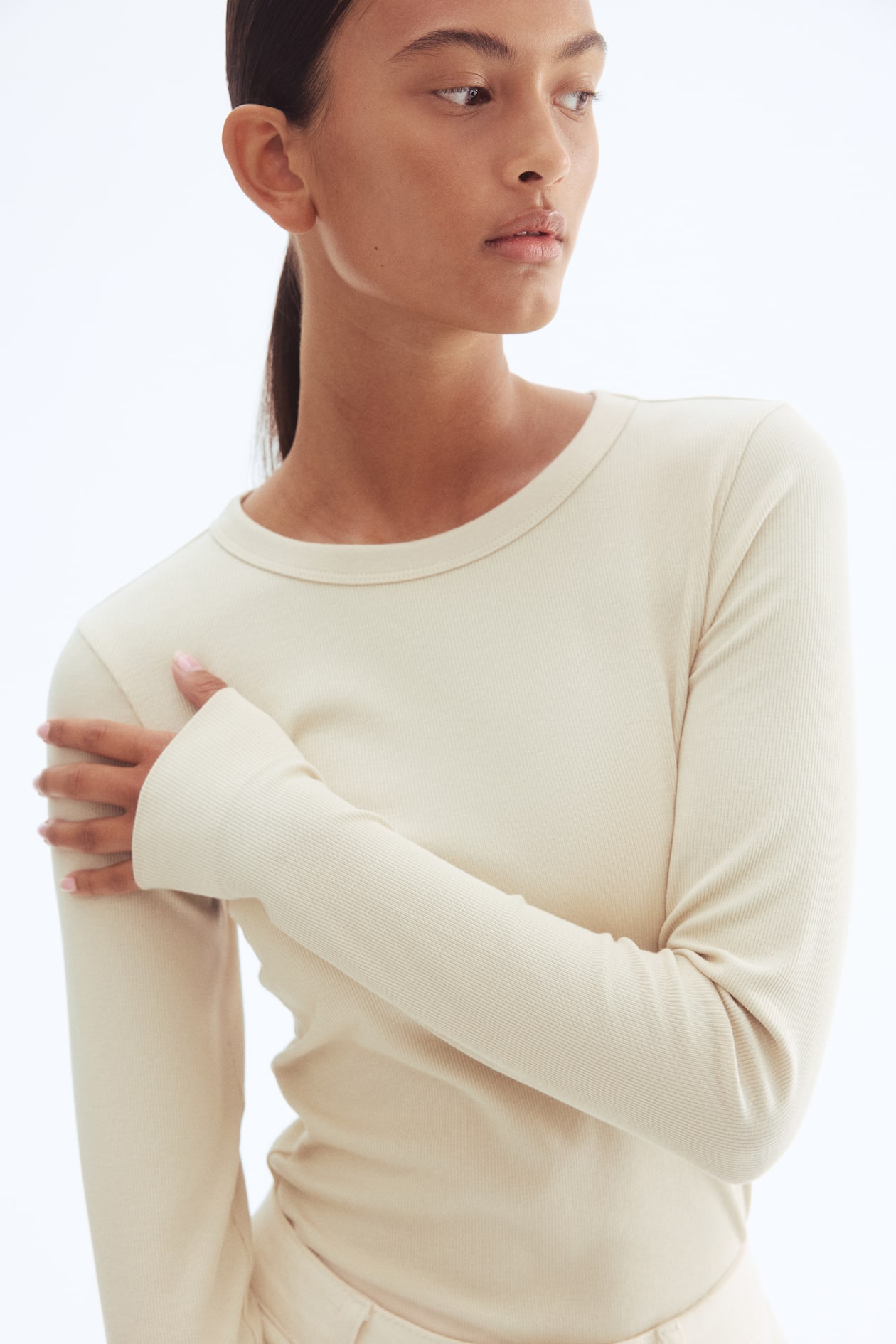 Ribbed top - Light beige - Ladies | H&M MY