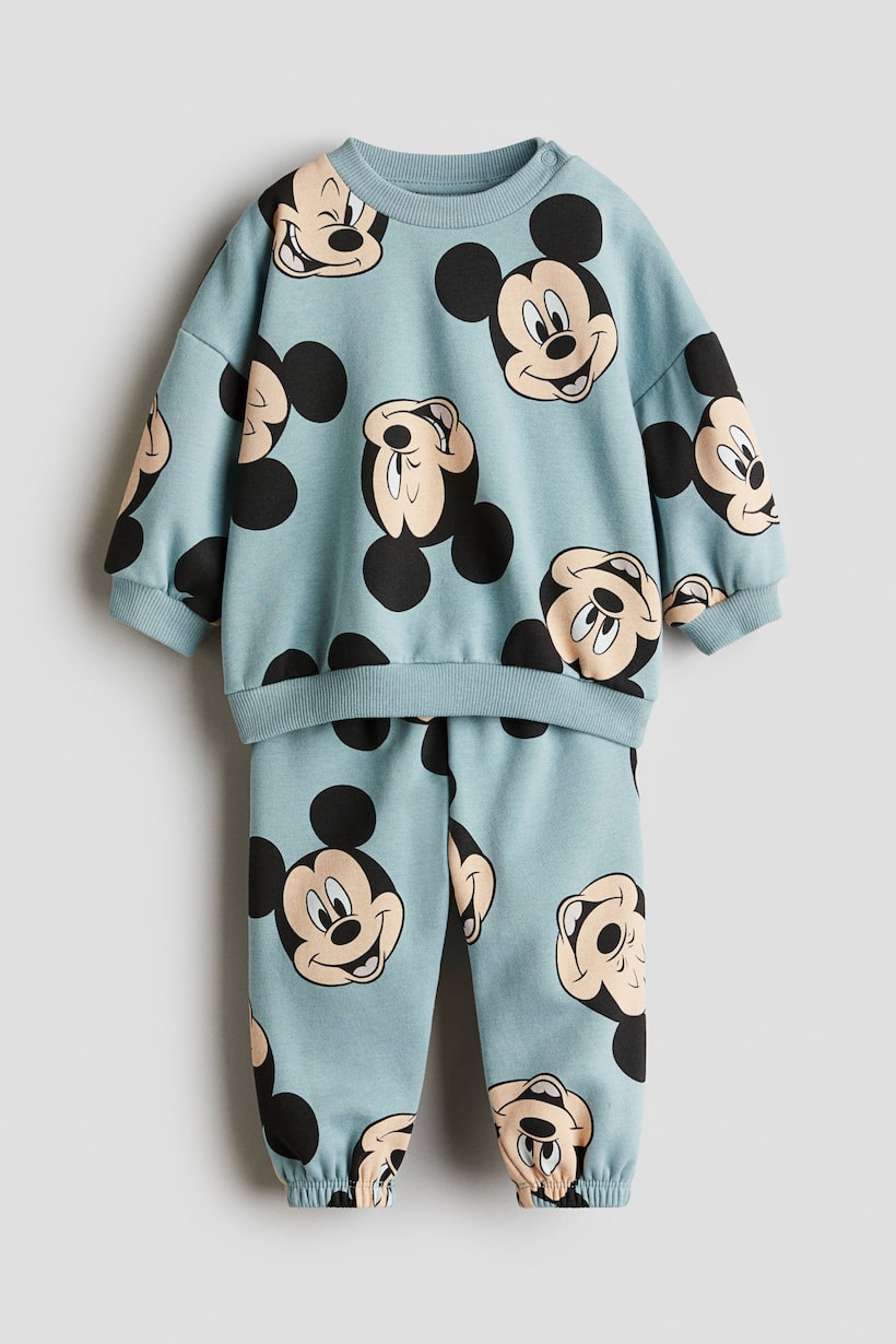 Dusty turquoise/Mickey Mouse 2-Piece Printed Sweatsuit for kids | H&M US