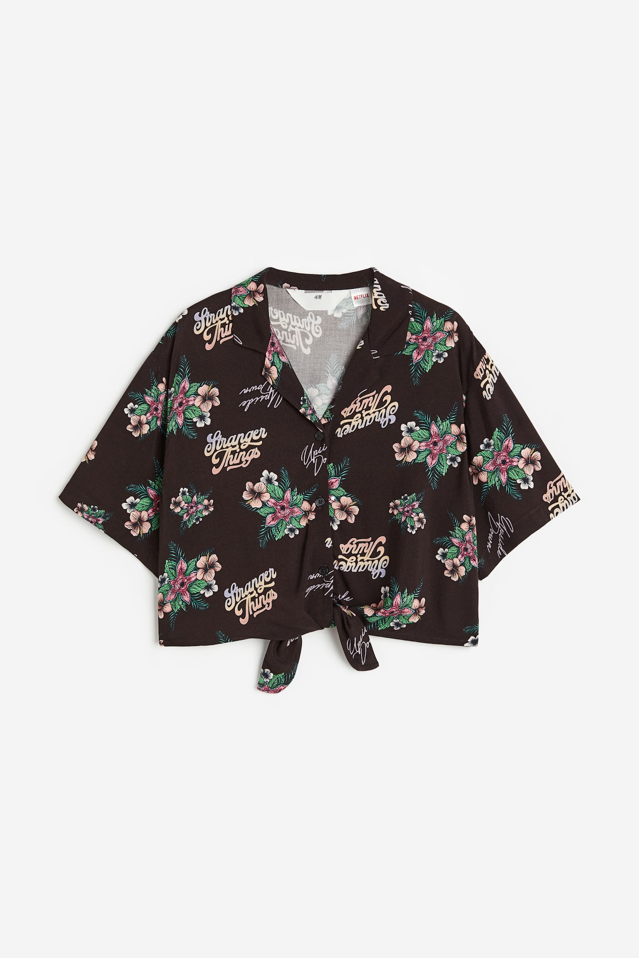 Black/Stranger Things Tie-detail Printed Blouse for kids | H&M US