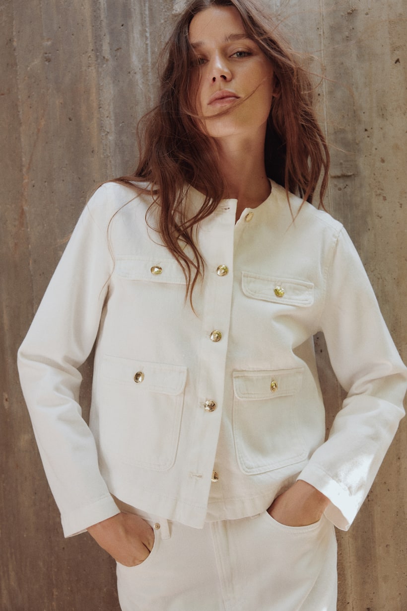 Collarless Denim Jacket - White - Ladies | H&M US