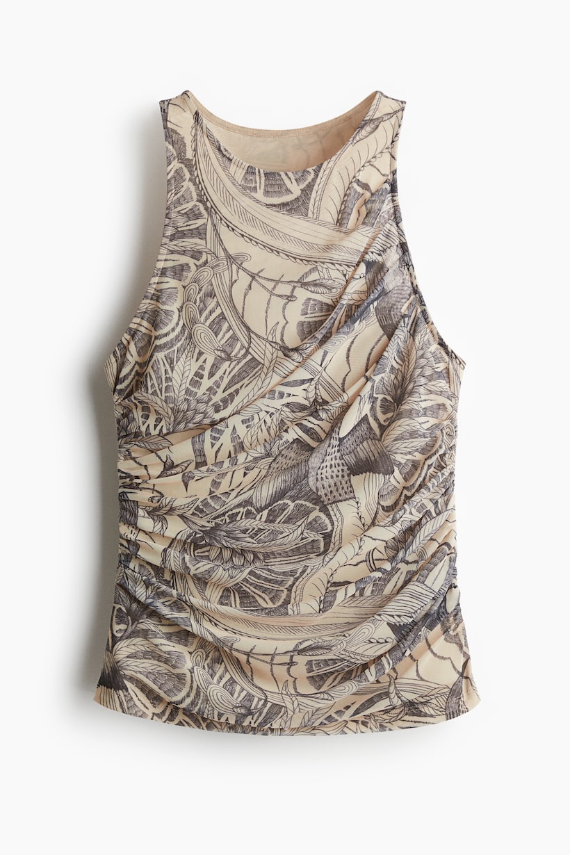 Draped Mesh Sleeveless Top - Light beige/patterned - Ladies | H&M US