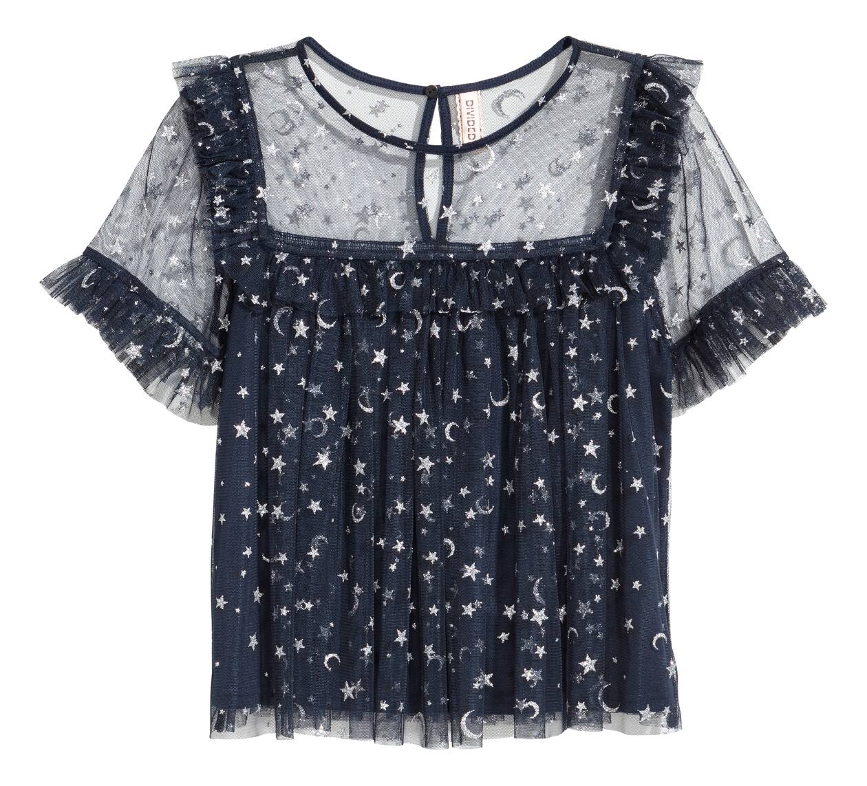 Frilled-trimmed mesh top - Short sleeve - Dark blue/Stars - Ladies | H&M GB