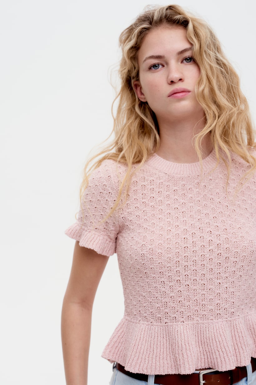 Ruffle-Trimmed Pointelle-Knit Top - Dusty pink - Ladies | H&M US
