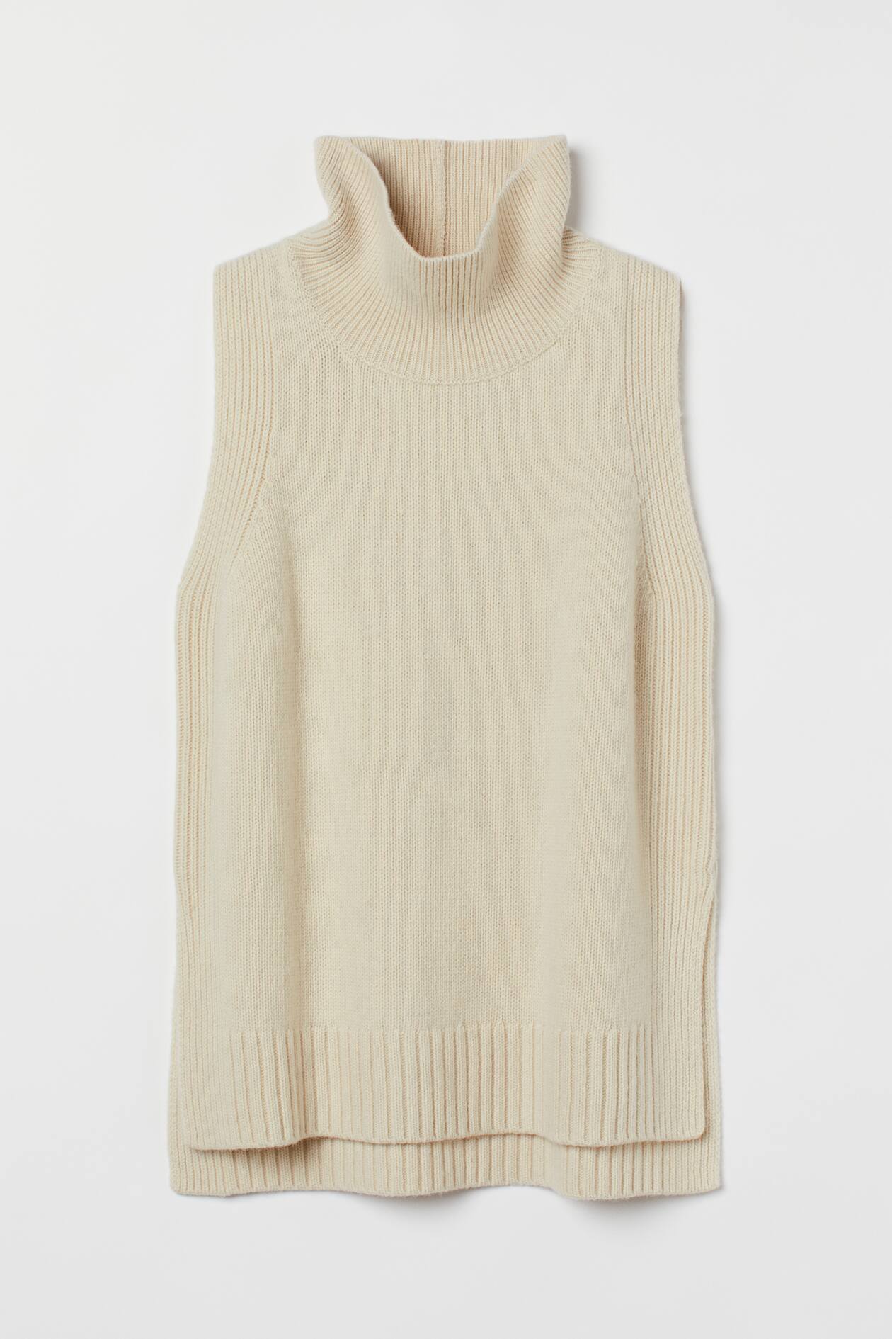 Knitted wool sweater vest - Polo-neck - Sleeveless - Cream - Ladies | H ...