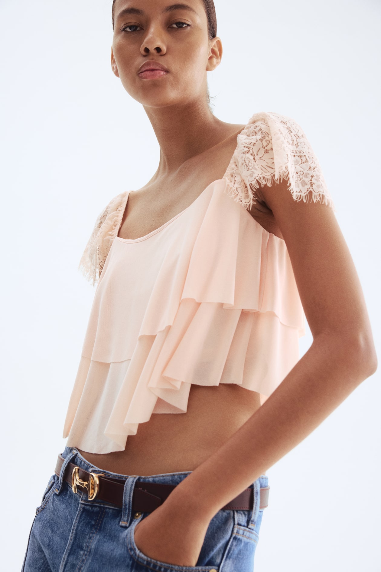 Blusa com mangas de renda - Rosa pó - SENHORA | H&M PT