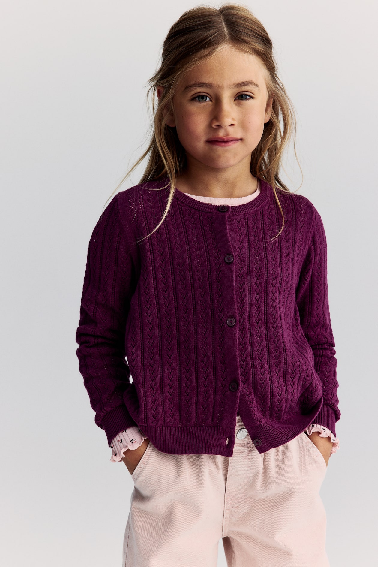 Pointelle-knit cotton cardigan - Plum red - Kids | H&M IN