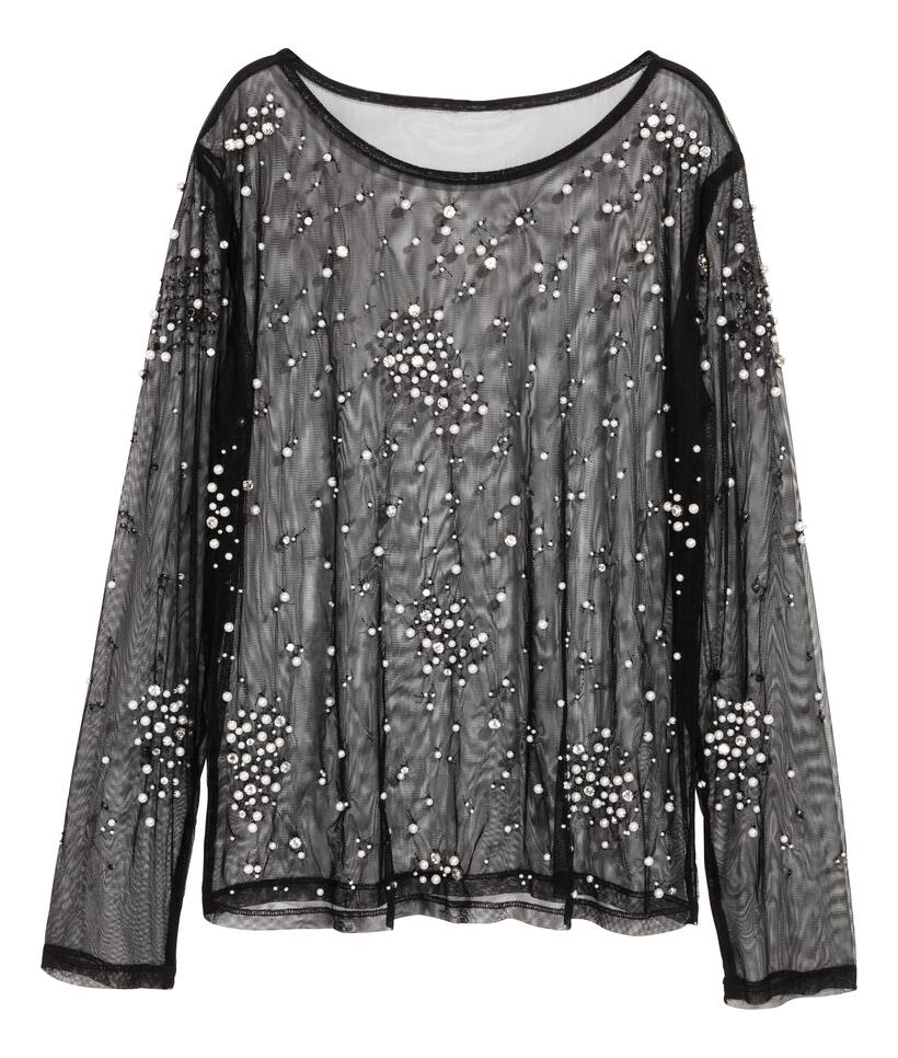 Beaded mesh top - Long sleeve - Black - Ladies | H&M GB