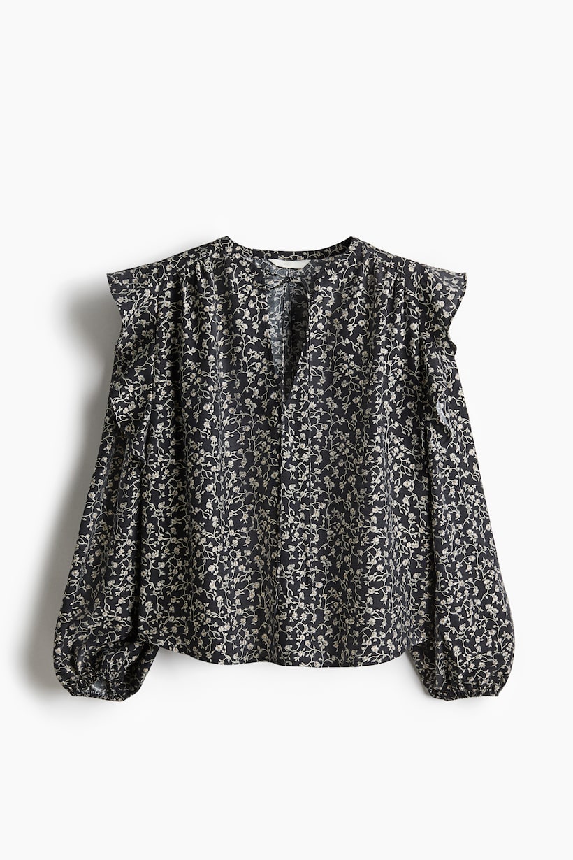 Women's Black/floral Flounce-Trimmed Blouse | H&M US