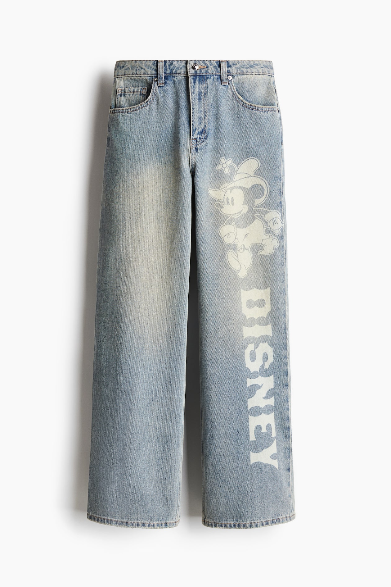 Women's Light denim blue/Minnie Mouse Motif-detail twill trousers | H&M MY