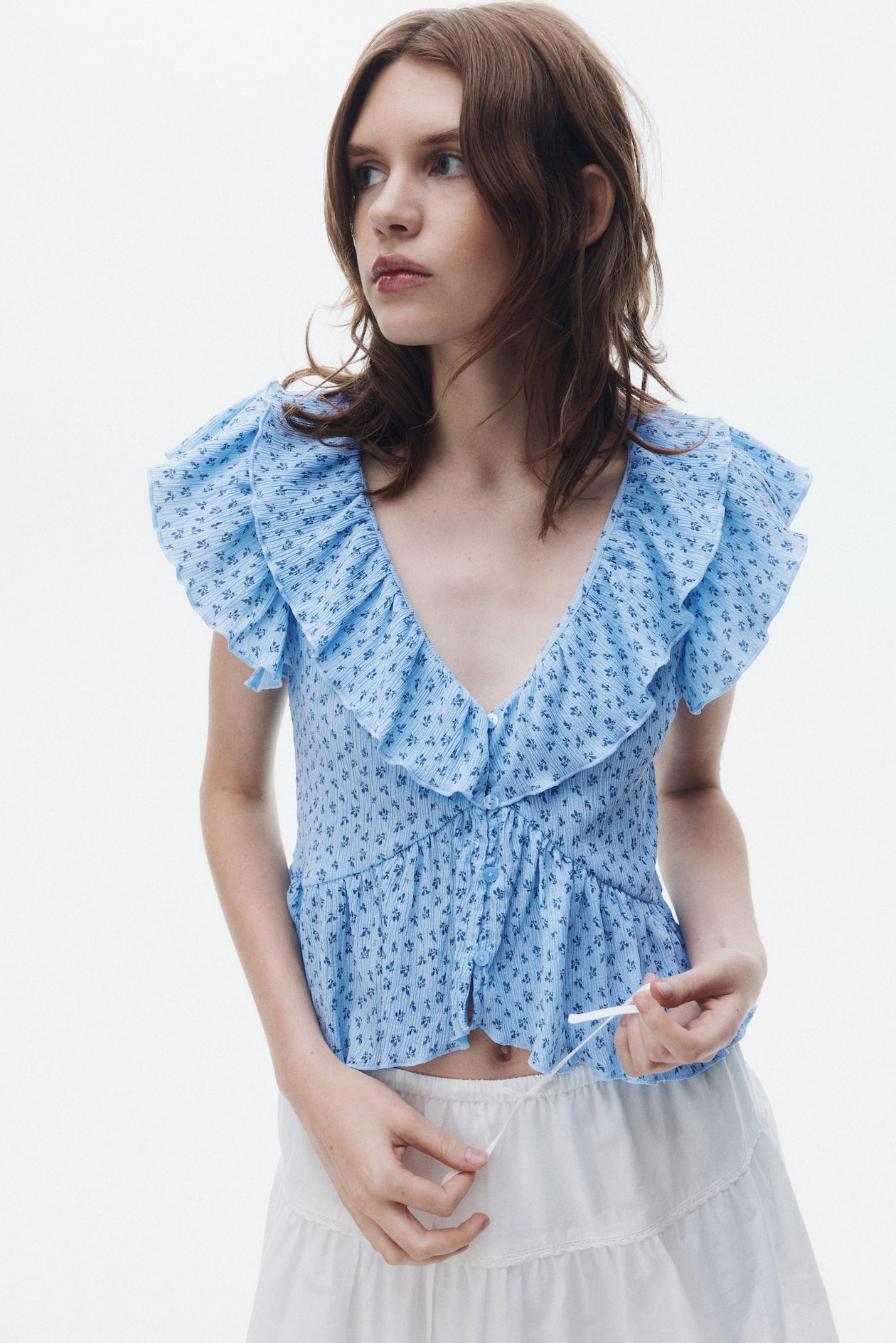 Women's Light blue/Floral Flounce-collar top | H&M IN