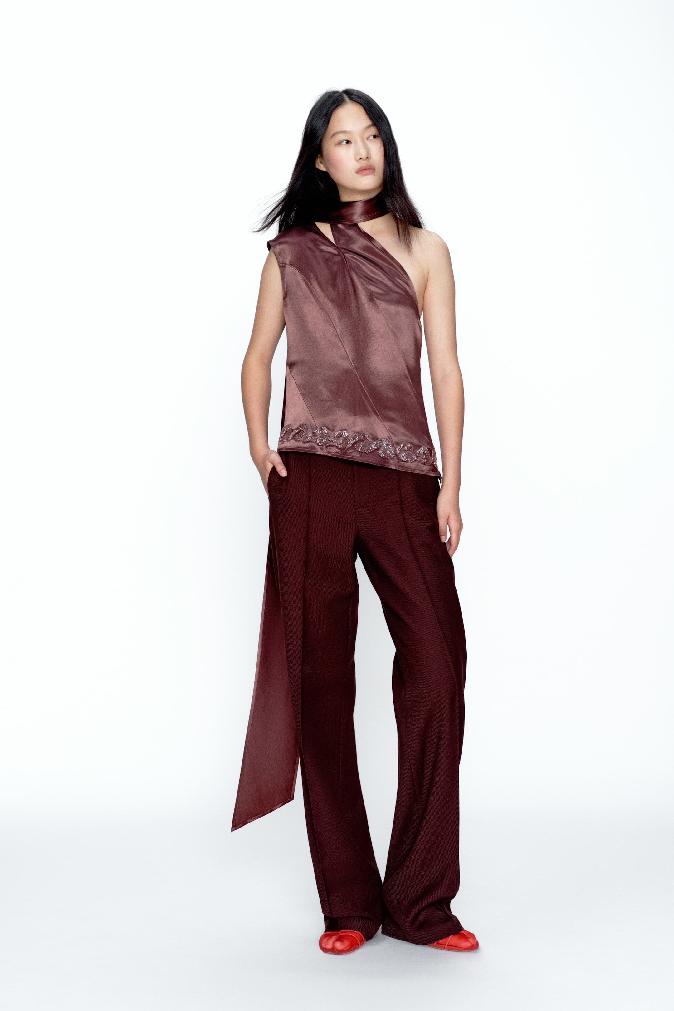 Scarf-collar satin top - Burgundy - Ladies | H&M SG