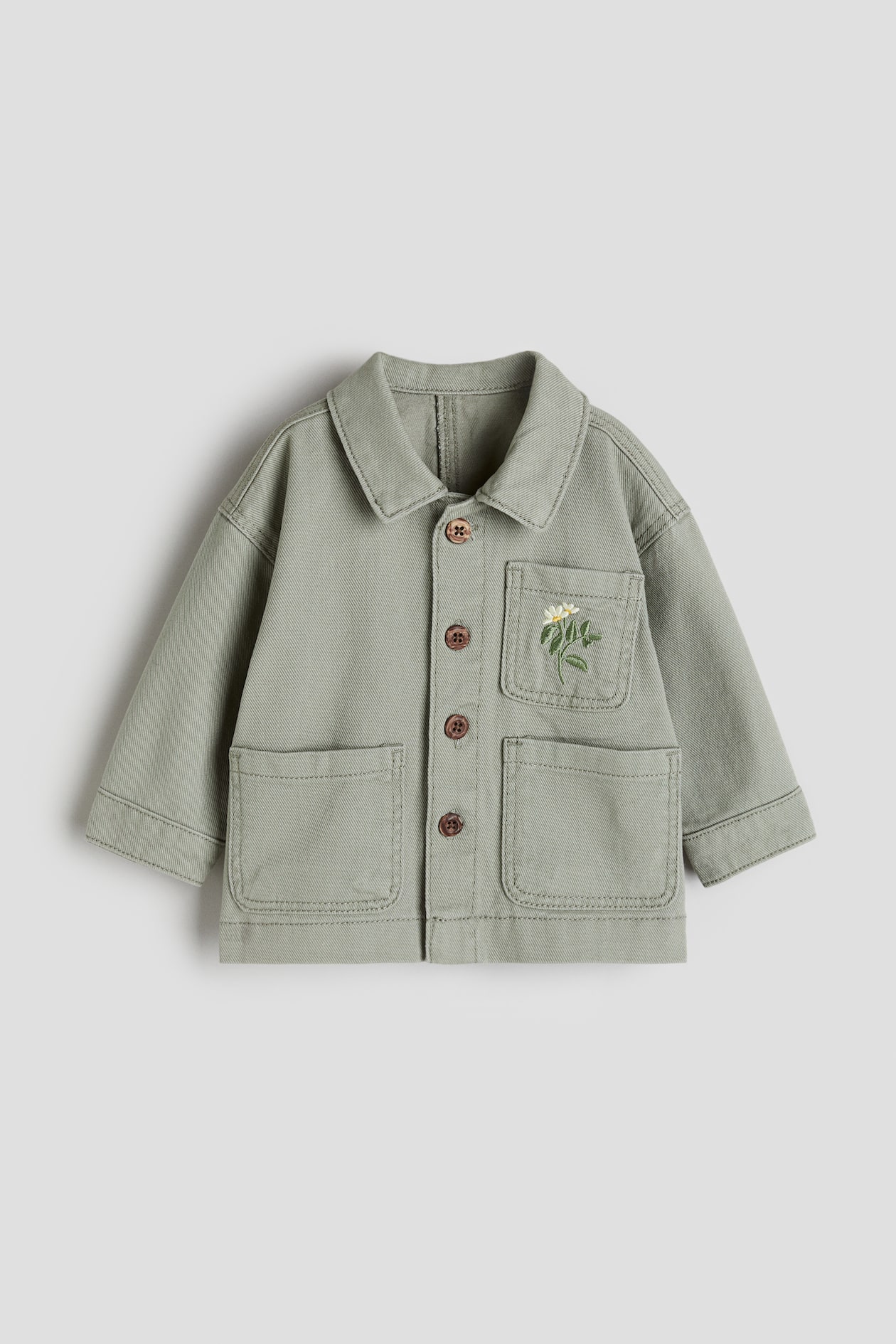 Light khaki green/flowers Shacket with Embroidered Motif for kids | H&M US