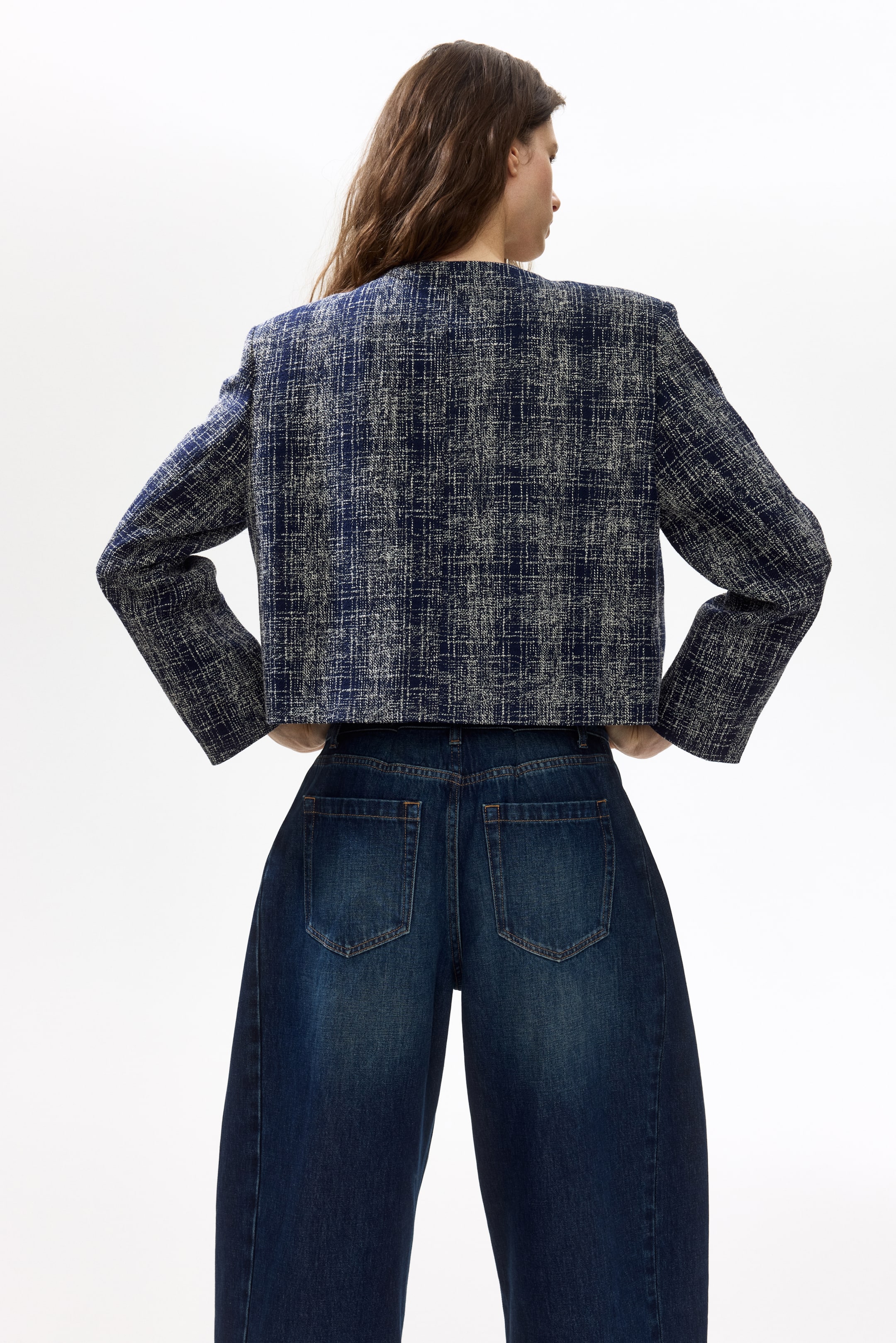 Blejzer bez kragne - Tamnoplava/karirano - Ladies | H&M RS