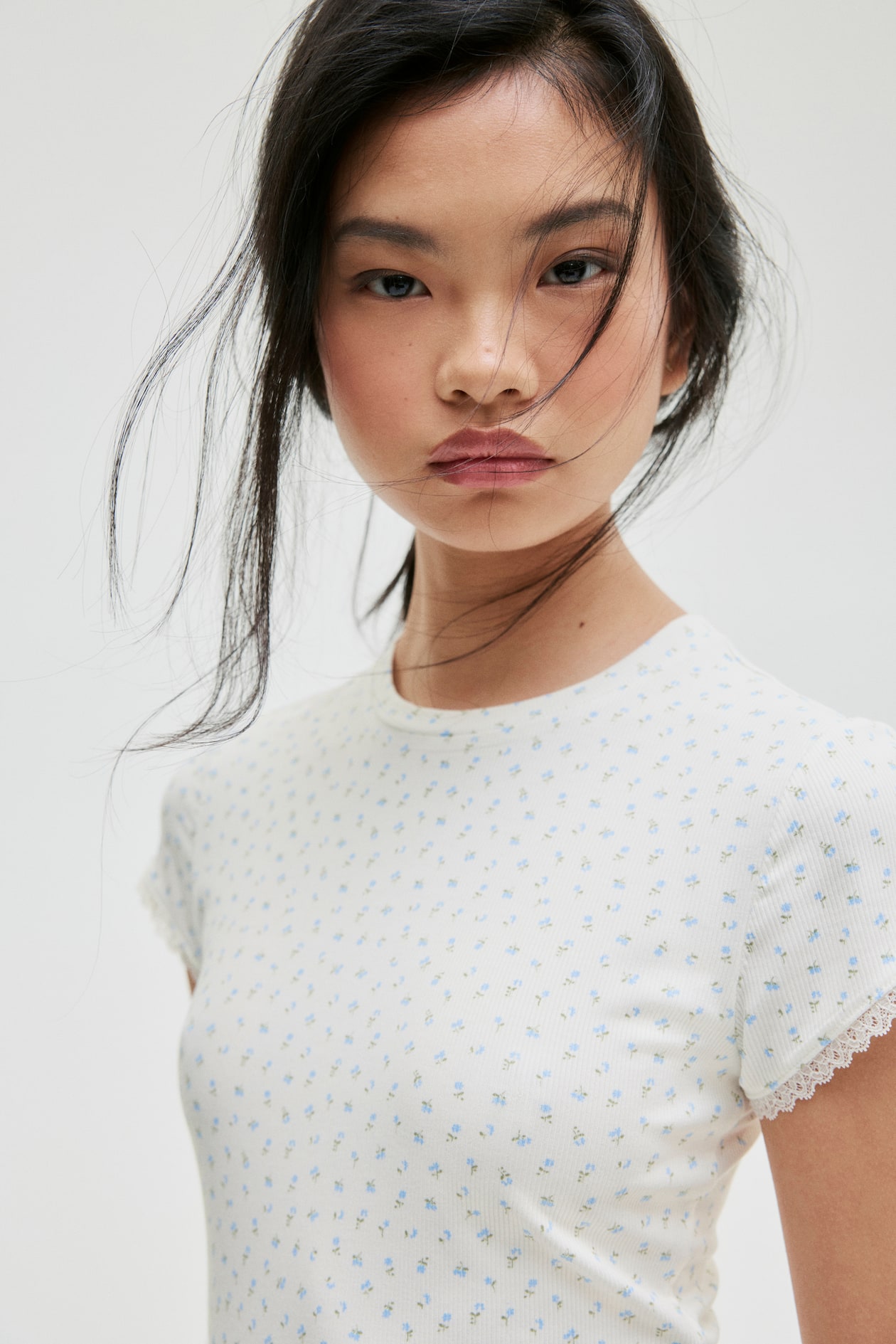 Lace-trimmed ribbed T-shirt - White/Floral - Ladies | H&M IE