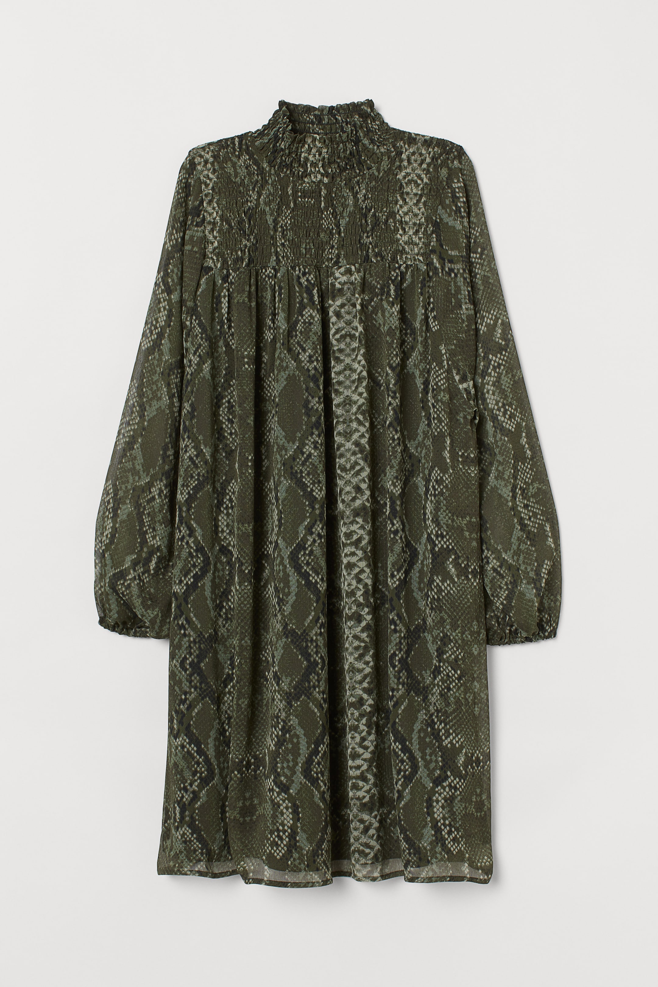 Dress with smocking - Dark green/Snakeskin-patterned - Ladies | H&M GR