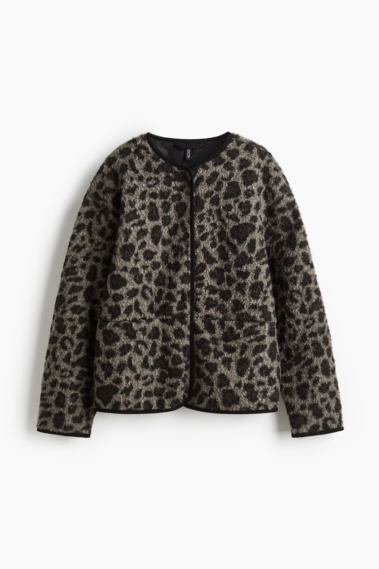 Women's Gray/leopard print Patterned Teddy Fleece Jacket | H&M CA