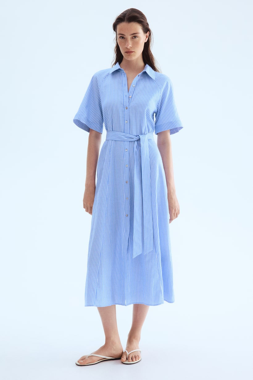 Robe chemisier avec ceinture à nouer - Bleu clair/rayé - FEMME | H&M CA