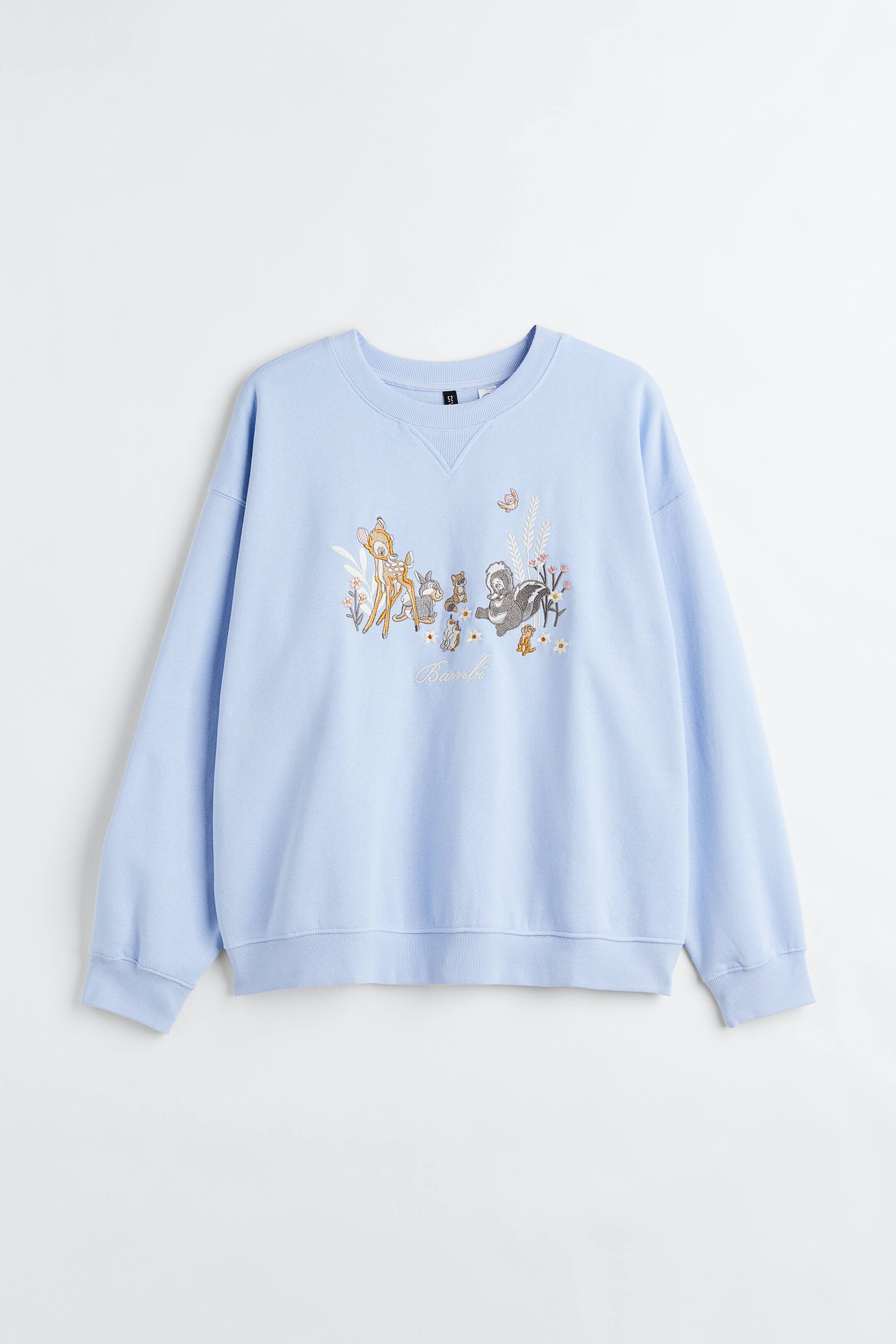 H&M+ Sweatshirt med tryk - Rund hals - Langærmet - Lyseblå/Bambi - DAME ...