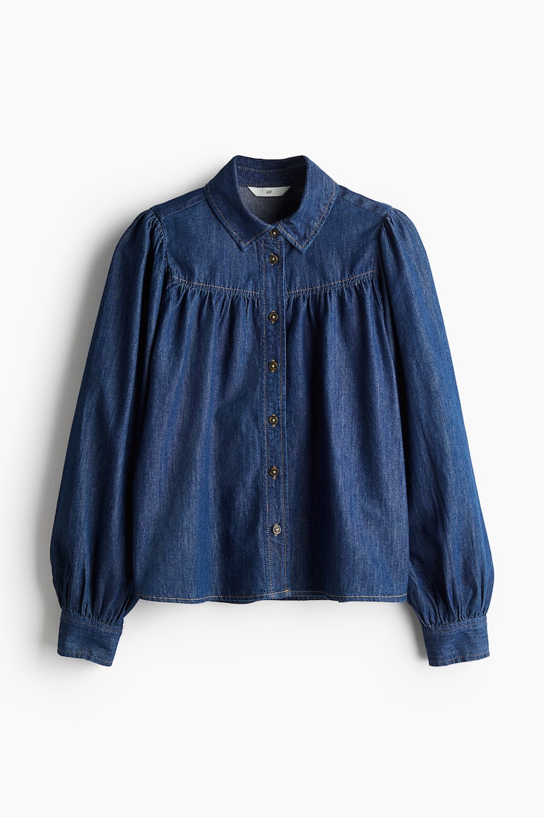 Puff-Sleeved Denim Blouse - Dark denim blue - Ladies | H&M US