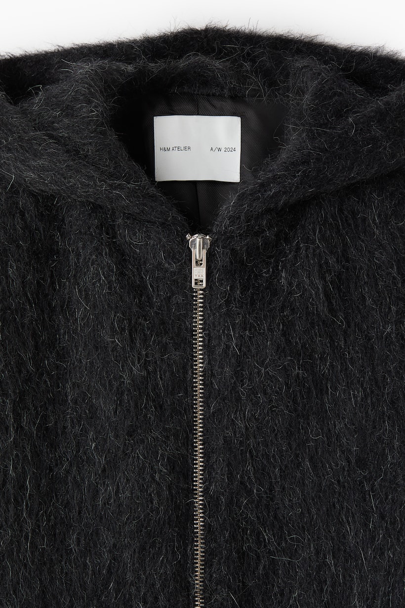 Fuzzy Wool-Blend Hooded Jacket - Black - Men | H&M US